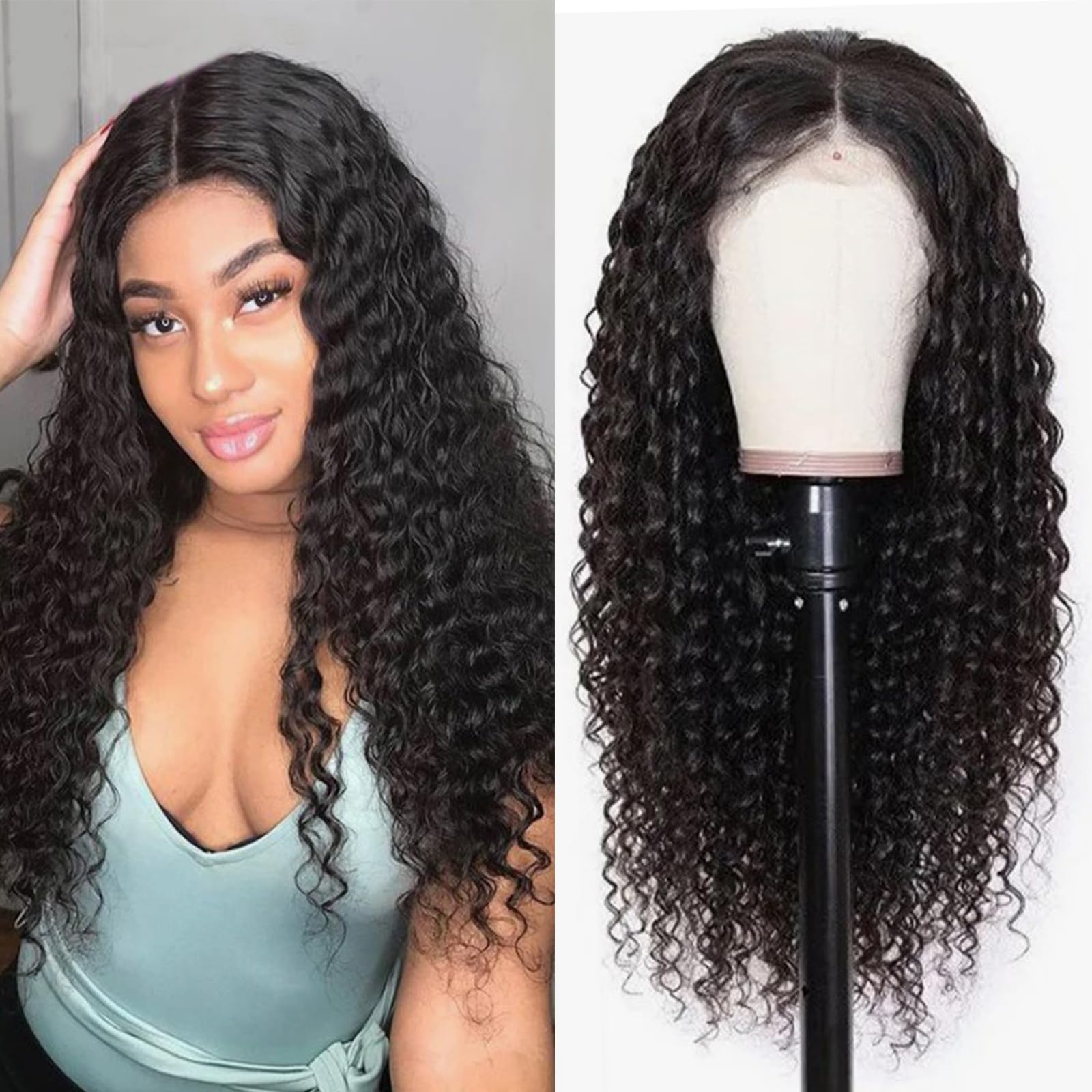 Black Long Curly Lace Front Wigs Women Glueless Pre Plucked Wavy ...