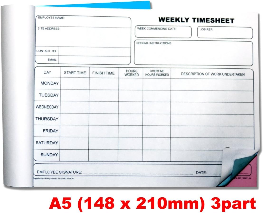 Cherry Carbonless NCR Weekly Timesheet Triplicate Book A5 50 Sets ...