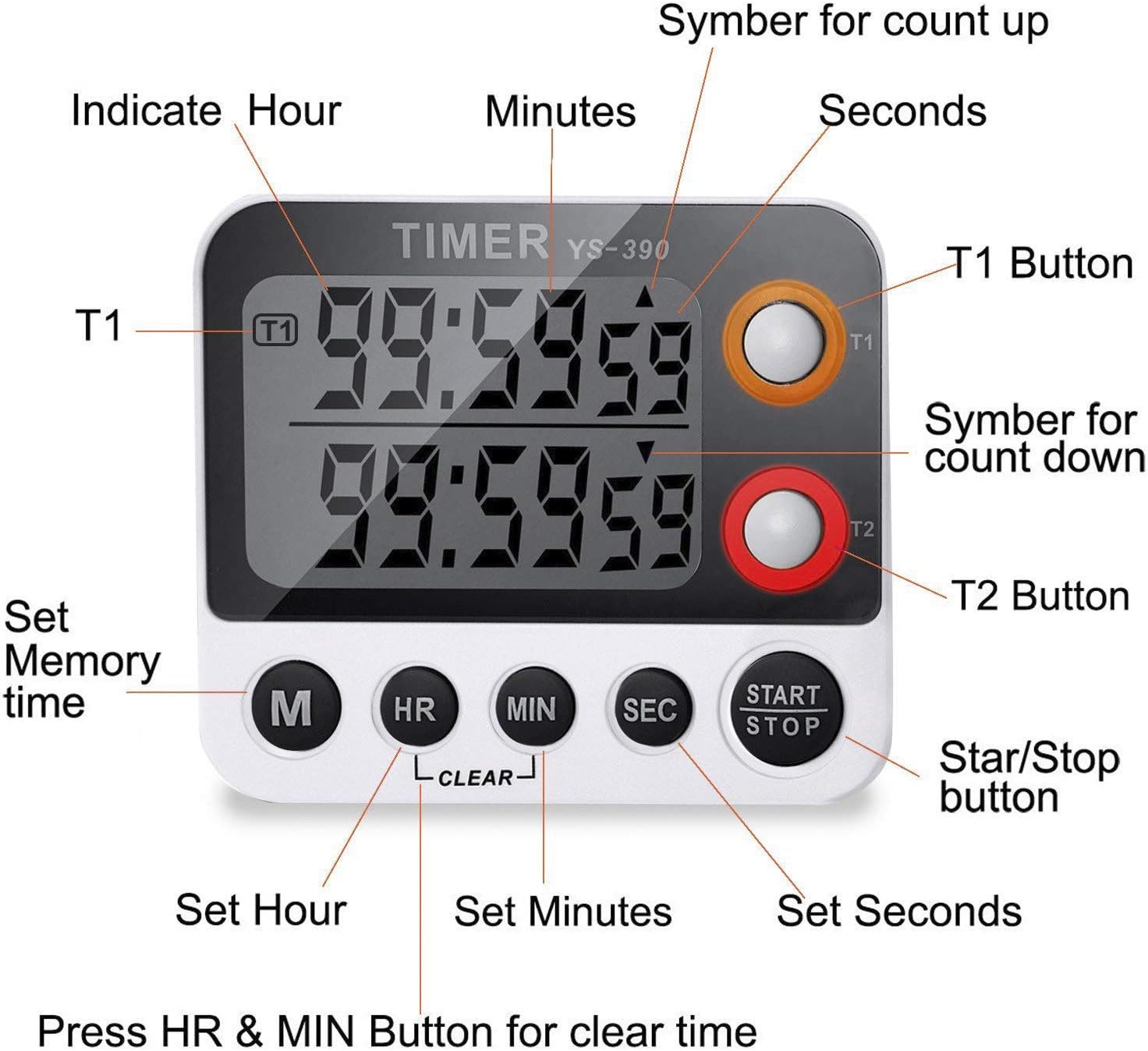 Digital Timer CEEBON 100 Hour Dual Count Down and Count up Timer Kitchen Timer with Magnet ...