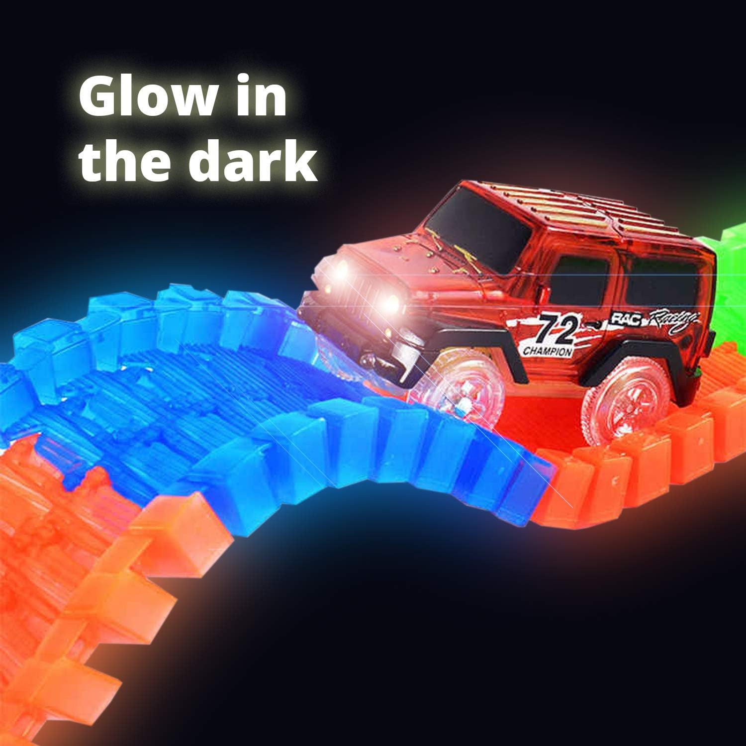 Tomi Tracks Glow in the Dark Race Car Track – 220 Flexible Pieces (11 ...
