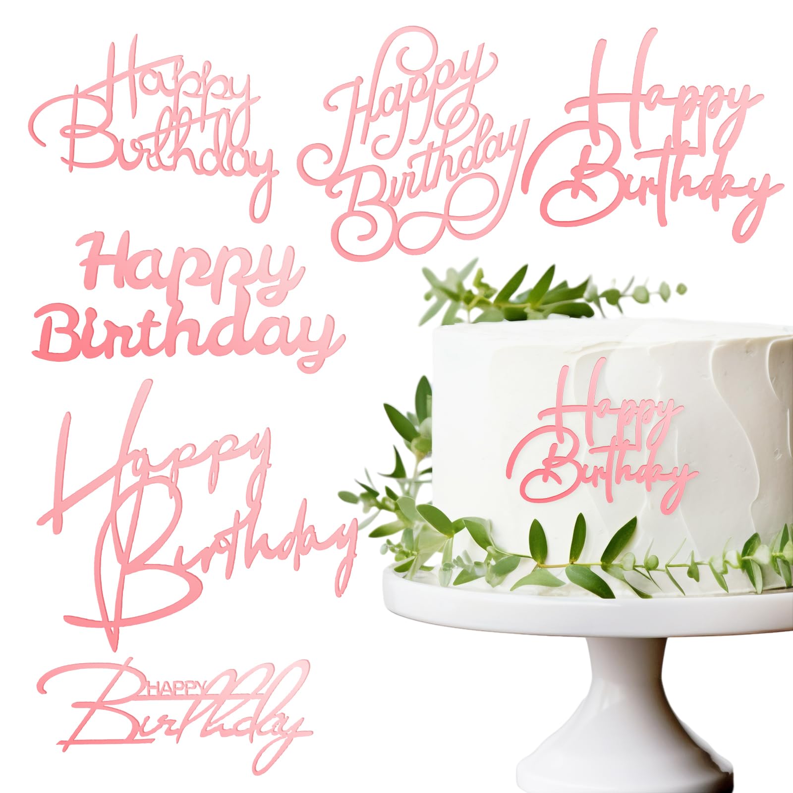 6 Pcs Rose Gold Happy Birthday Cake Topper Side Mirror Acrylic Cake ...