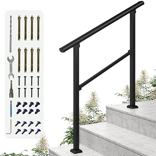 LOVMOR 3 Step Hand Rails for Outdoor Steps, Wrought Iron Railing ...