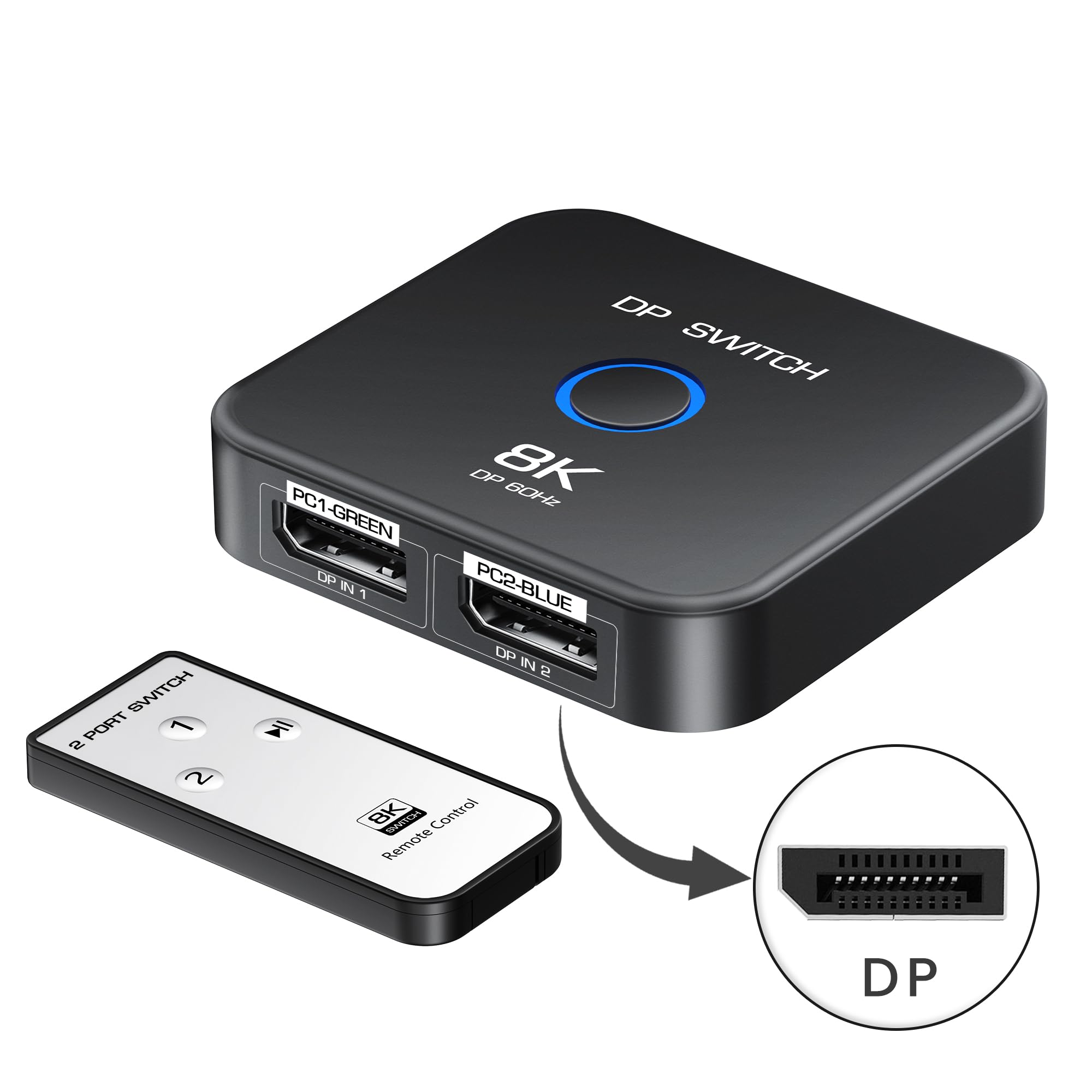 8K Display Port Switcher 2 in 1 Out, NEWCARE DisplayPort Splitter with ...