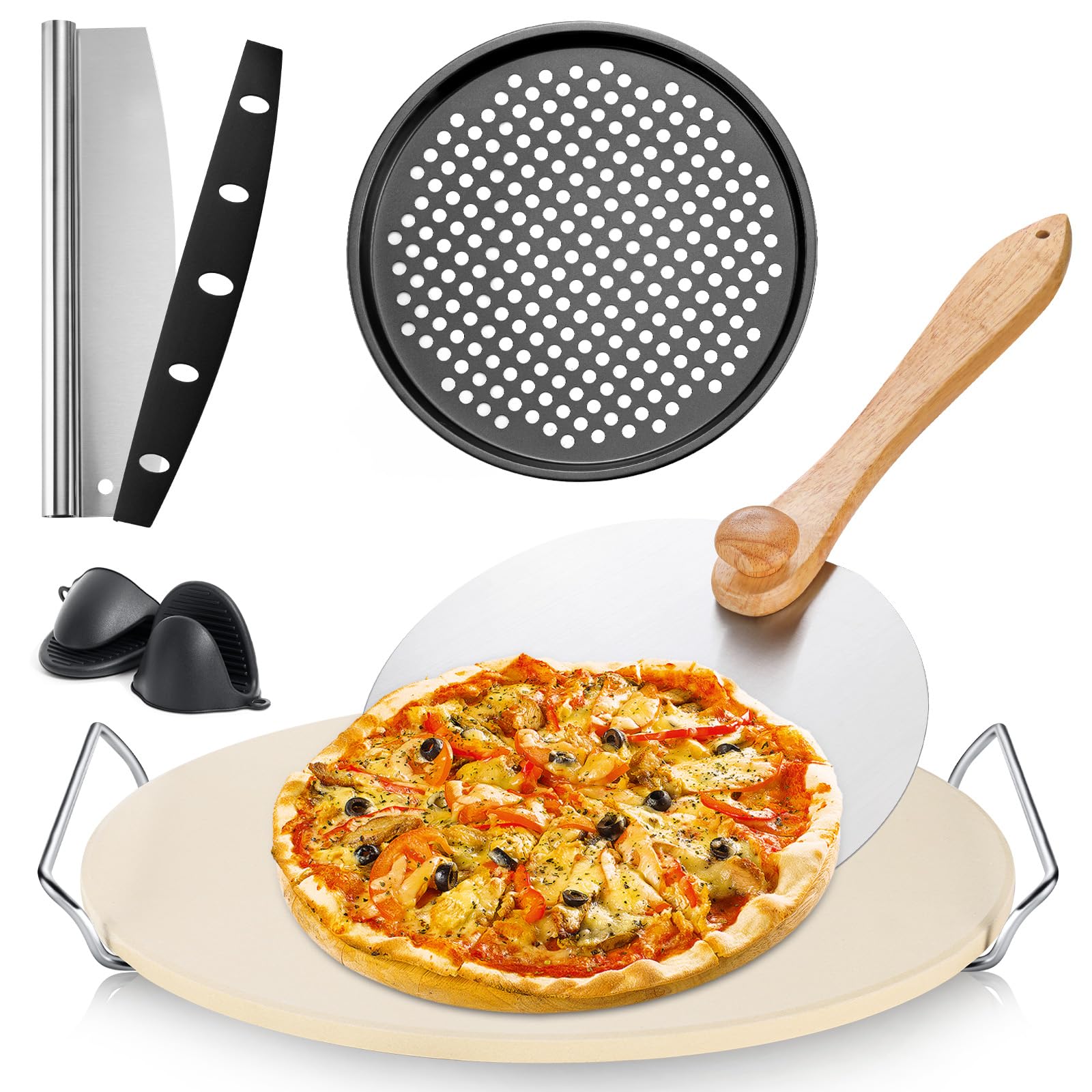 Funnydin 5 Pcs Pizza Stone Set, 13 Inch Round Pizza Stone for Oven ...