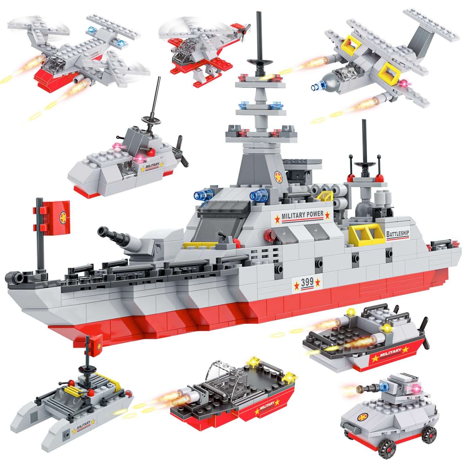 City War Battleship Building Block Set, 8 in 1 Military Warship Model ...