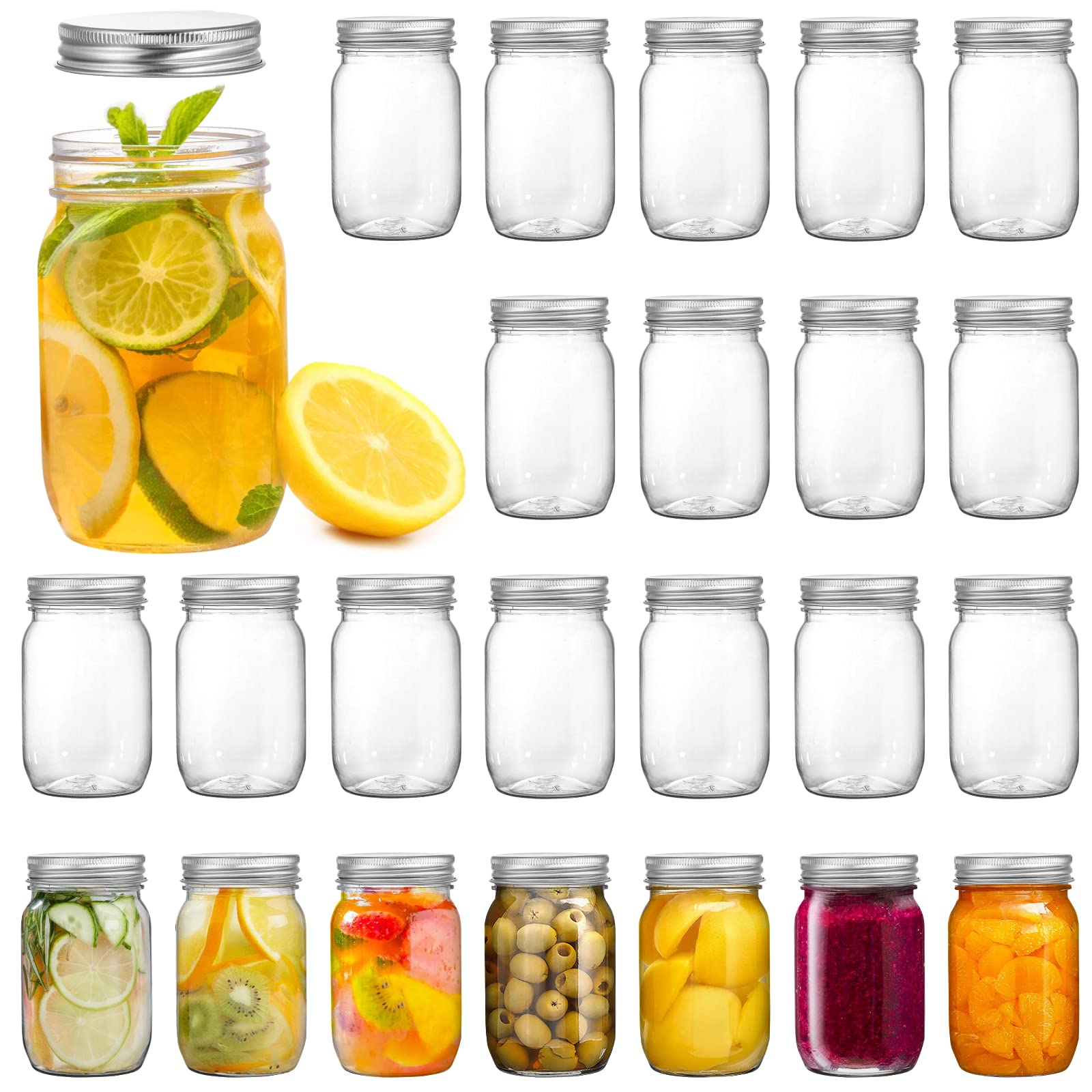 Tebery 24 Pack Clear Plastic Mason Jars with One Piece Lids, 8OZ Mason ...