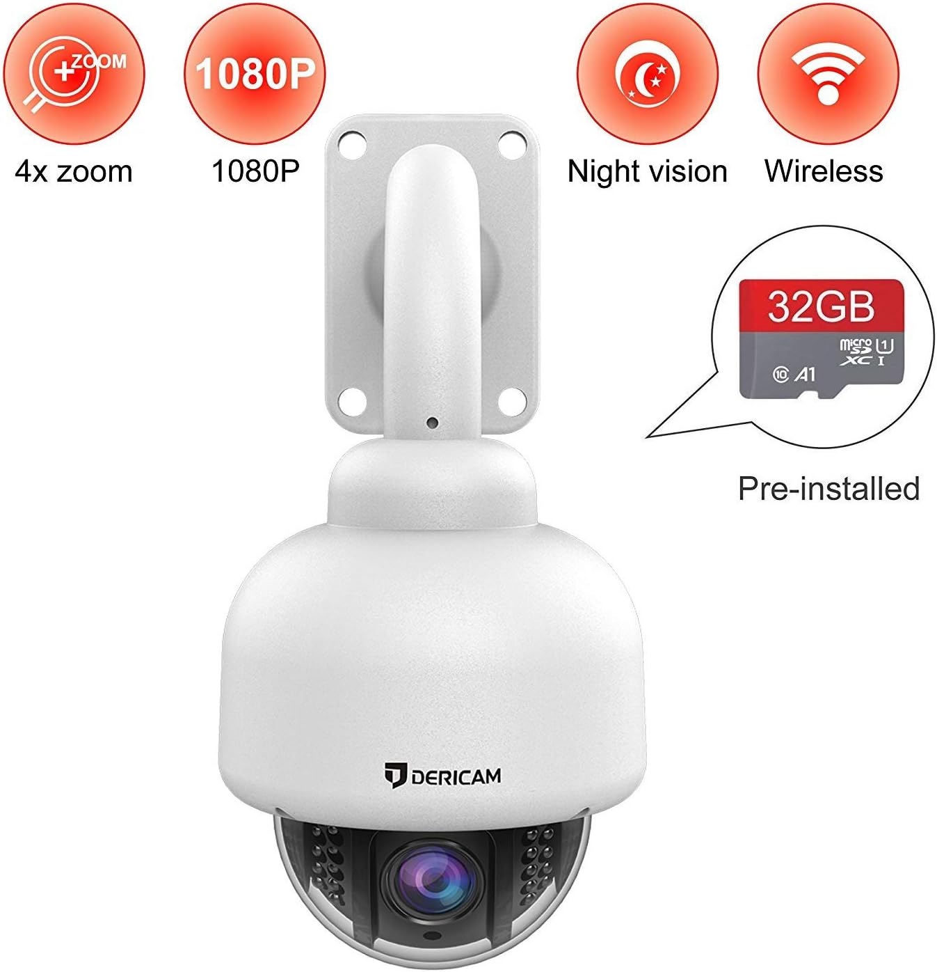 Dericam Outdoor PTZ WiFi IP Security Camera, 1080P CCTV Dome Camera ...
