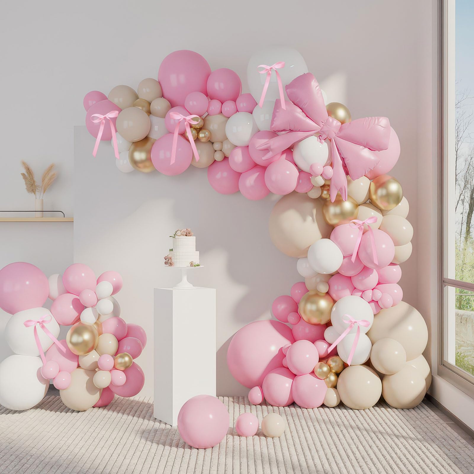 Bow balloons Pink and White gold balloon garland arch kit 140+pcs with ...