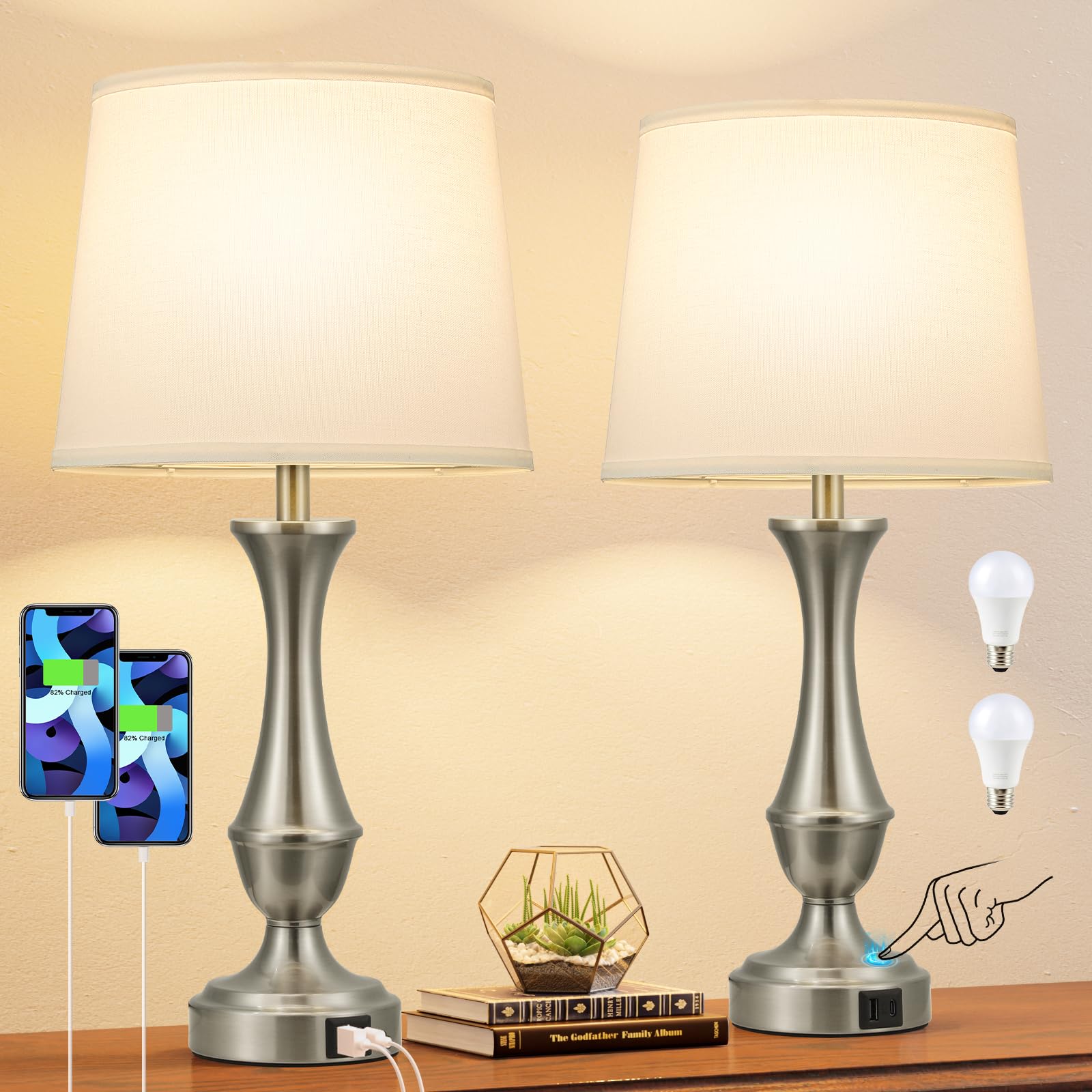 Touch Lamps for Bedrooms Set of 2 - Nightstand Table Lamp with USB C+A ...
