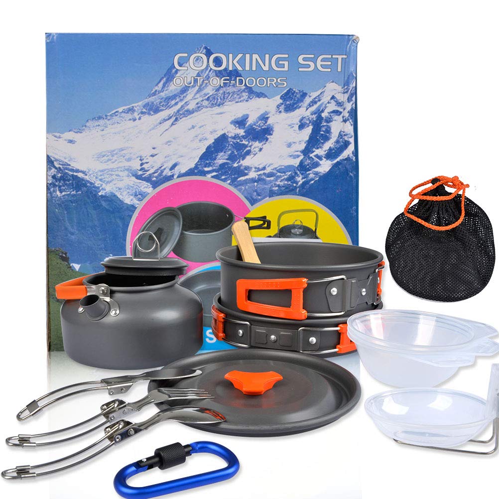 OFNMY 17Pcs Camping Cookware Kit, Non Stick Camping Pans Pots Campfire ...