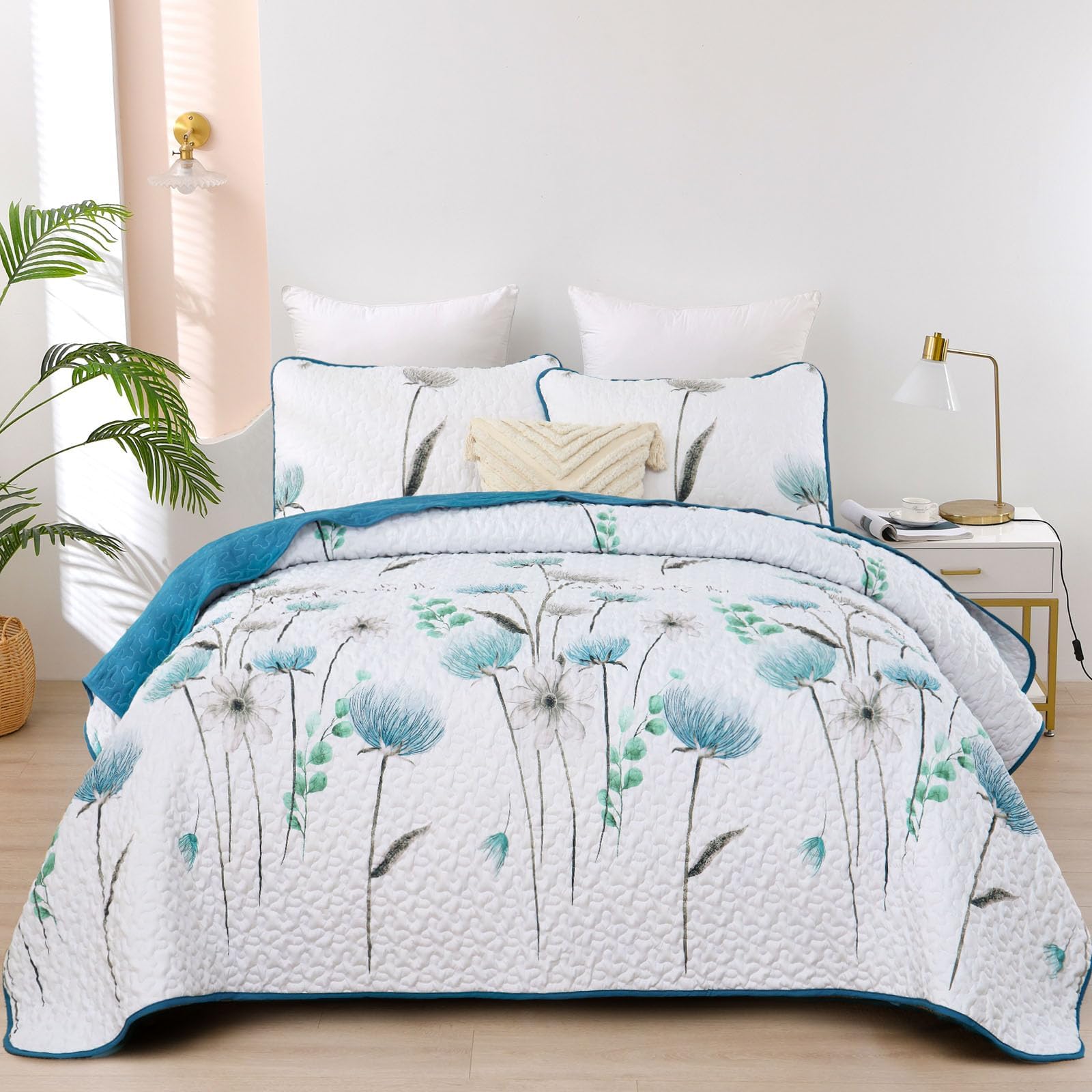 Dinjoy Floral Quilt Set California King Size,Teal Bedspread Farmhouse ...