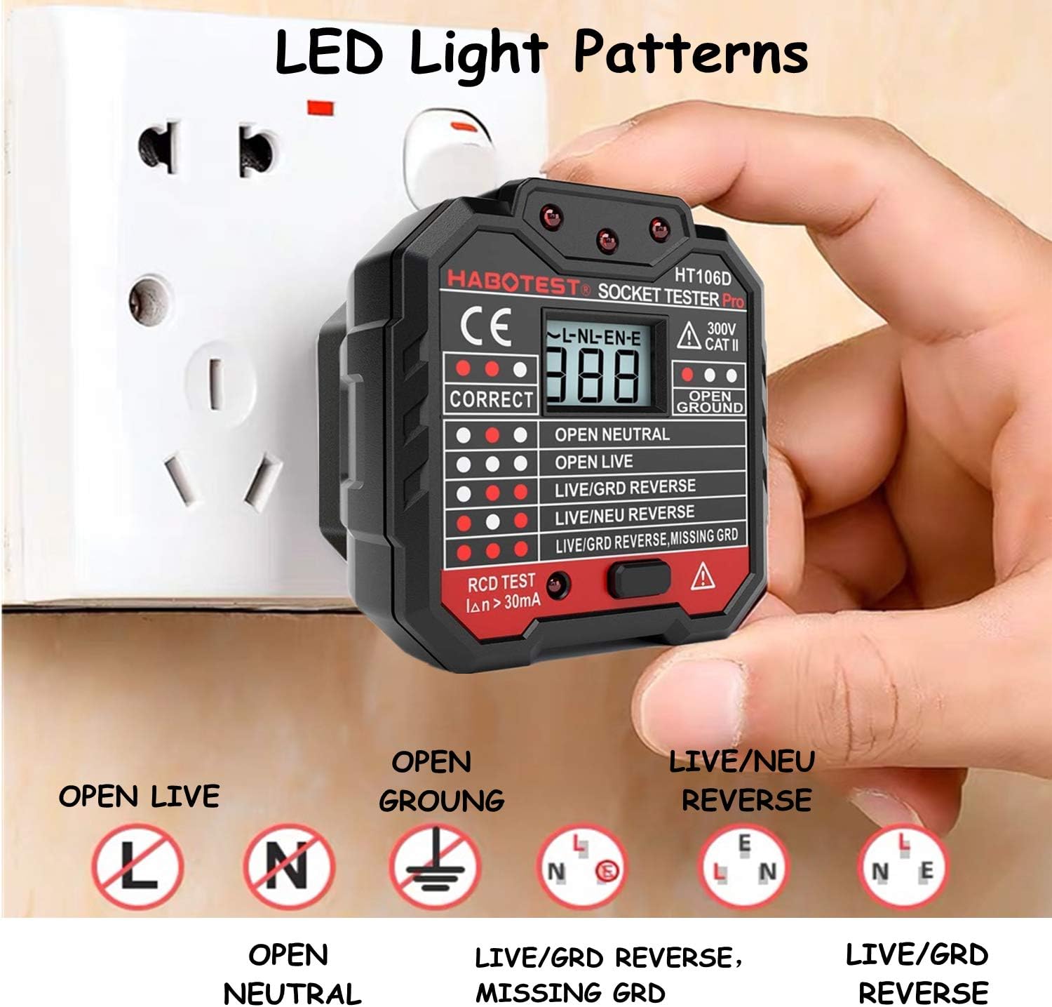 VORPE Power Socket Tester with LCD Display, Live Neutral Earth Wire ...