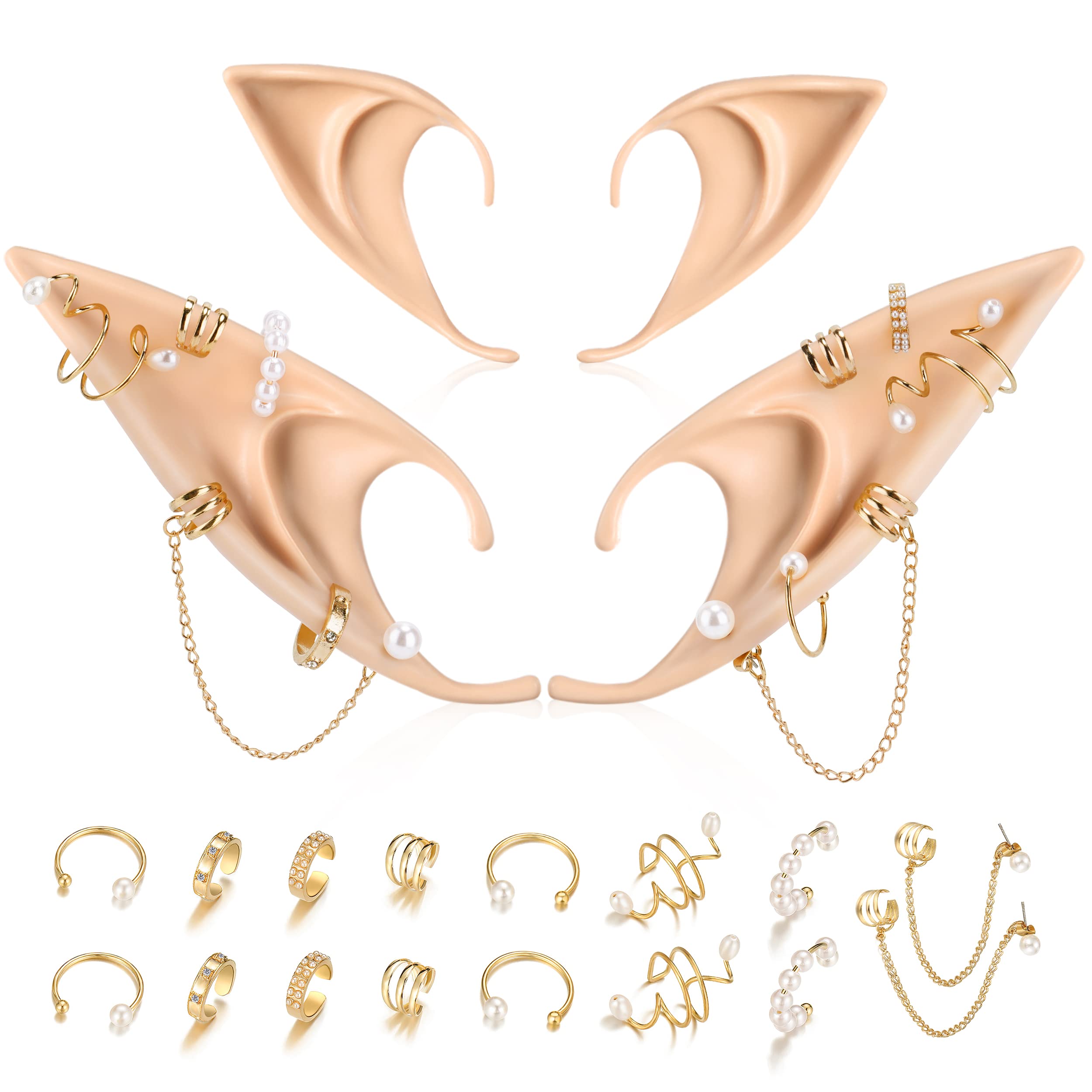FRESHME Elf Ears with Piercings Earring Cuffs Set - Cosplay Fairy Pixie ...