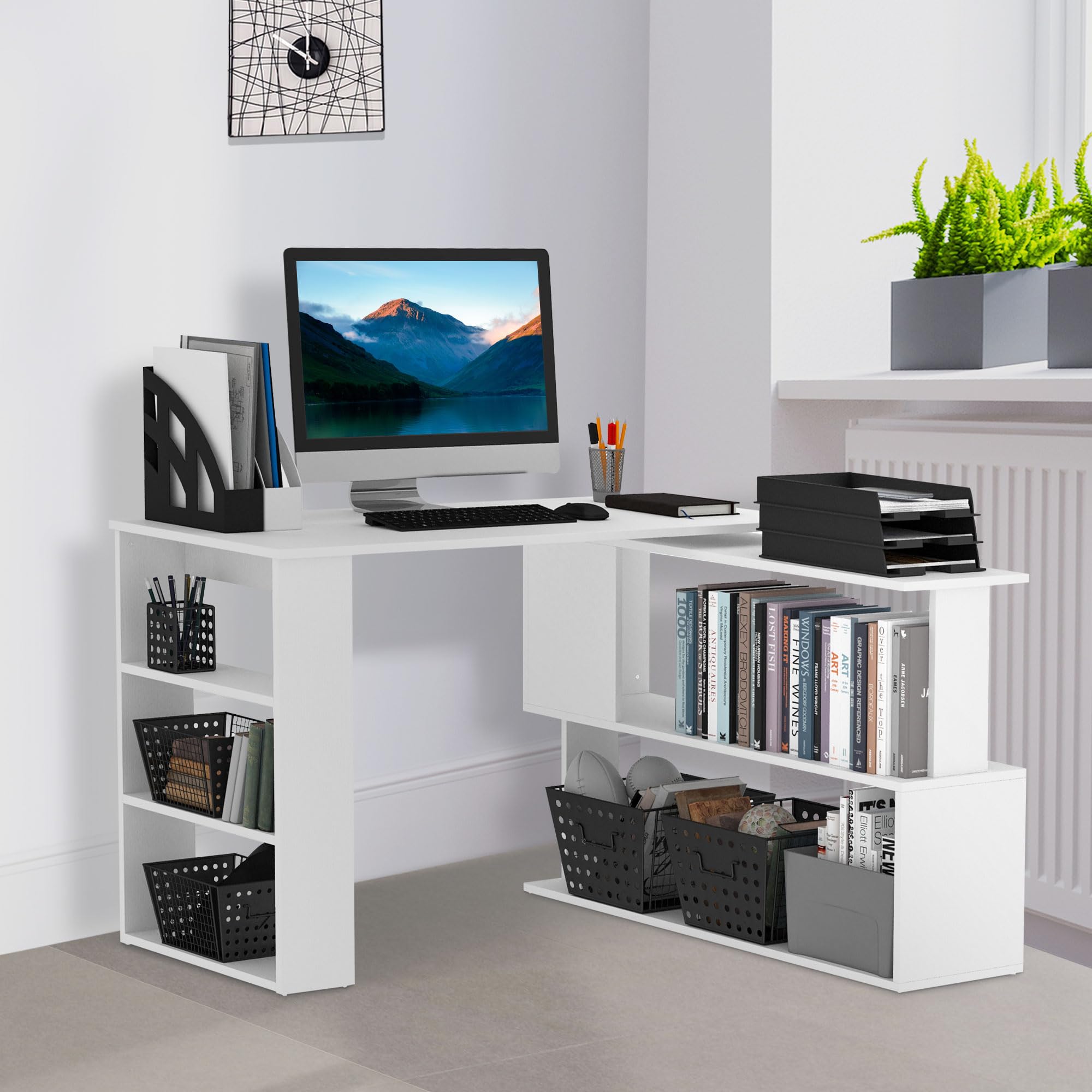 HOMCOM L Shaped Desk, Corner Computer Desk, 360 Degree Rotating Home Office Desk With Storage ...