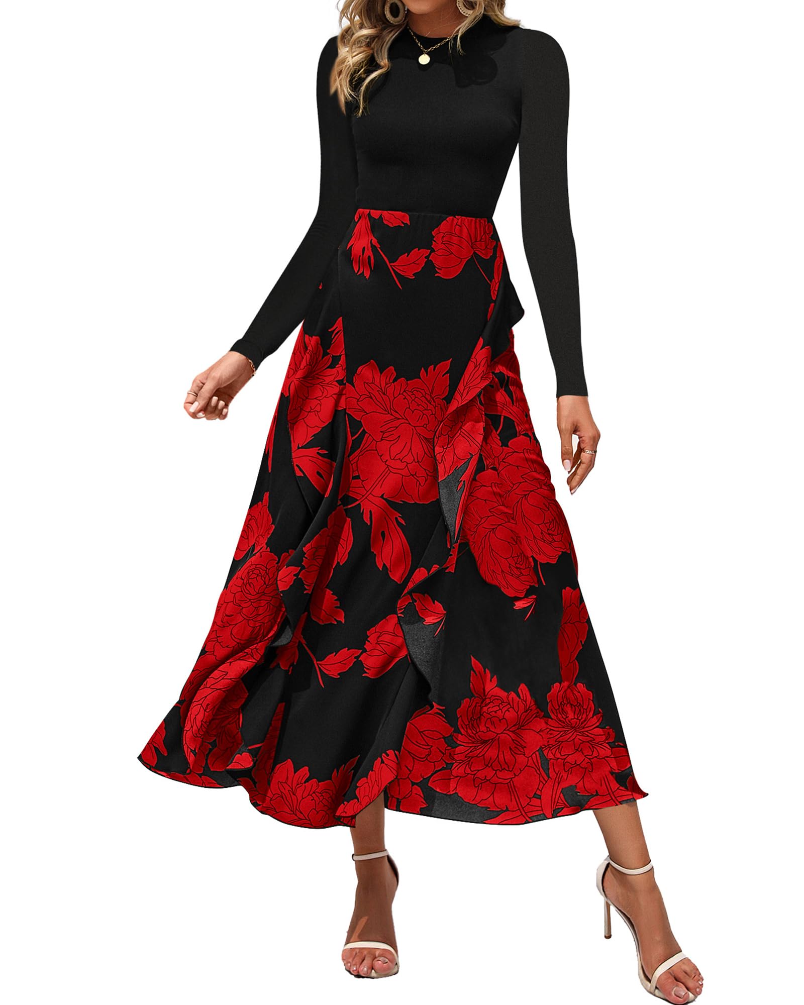 BTFBM Womens Floral Maxi Dress 2025 Spring Fall Casual Crewneck Long ...