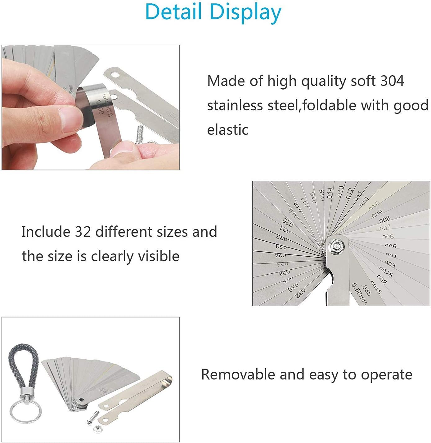 ZARRS Feeler Gauge Set,32 Blades Stainless Steel Dual Marked Metric Foldable Double Mark ...