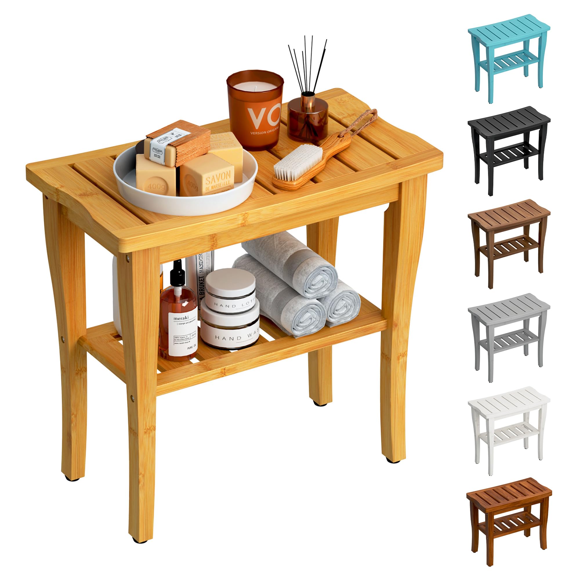 oridom Bamboo Shower Bench Stool with Storage Shelf, Waterproof Shower ...