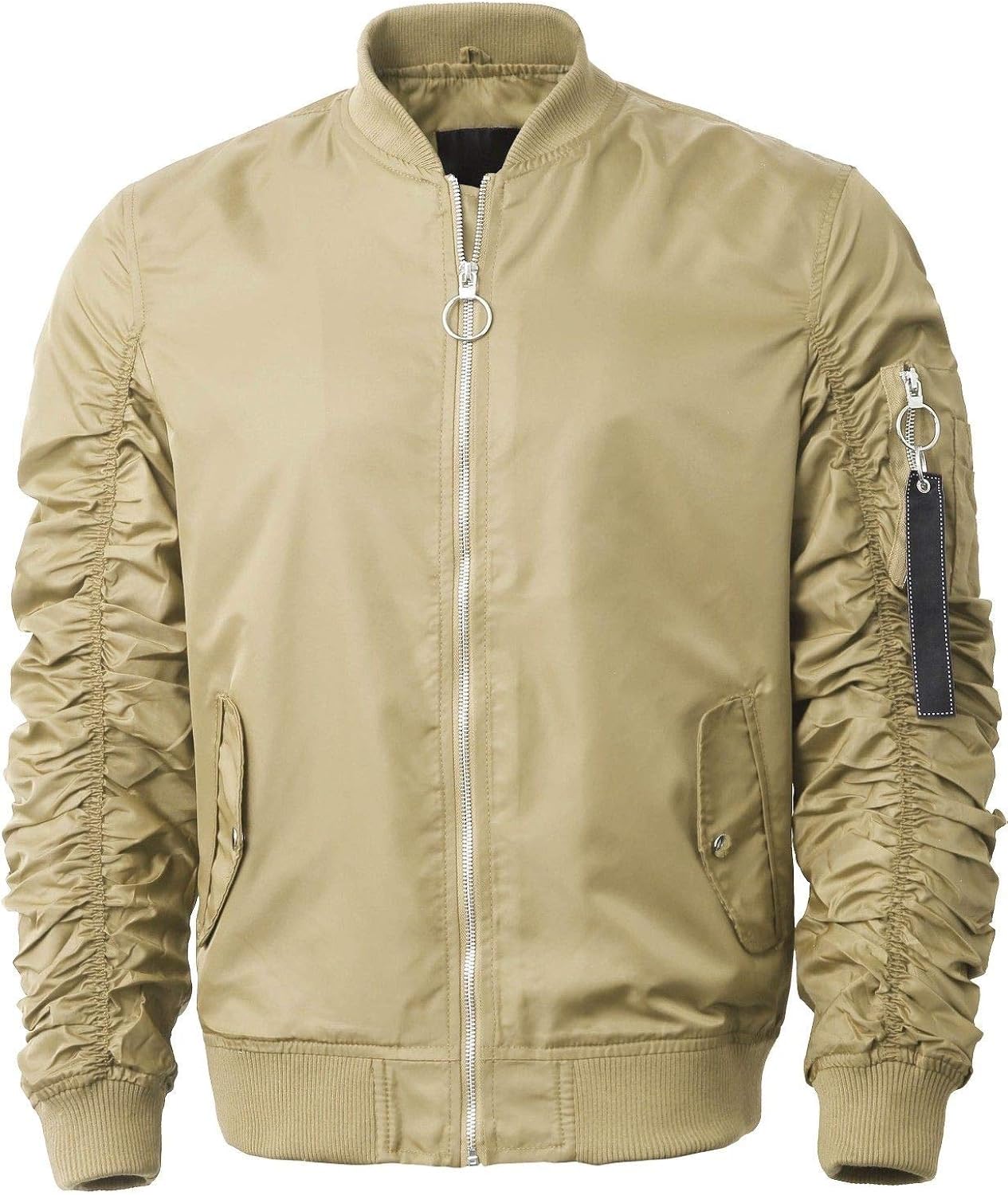 Men Gold Windbreaker Bomber Jacket Zip Up Casual Gathered Sleeve Ruched ...