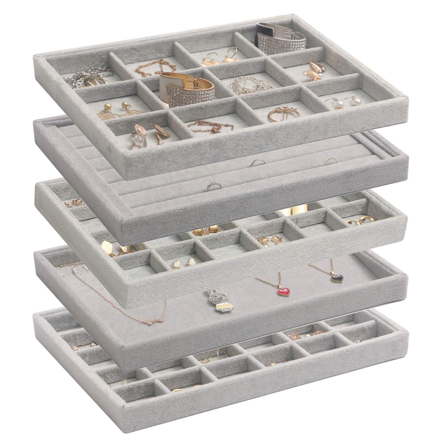 DIOMMELL 5 Pack Stackable Velvet Jewelry Trays Organizer, Jewelry ...