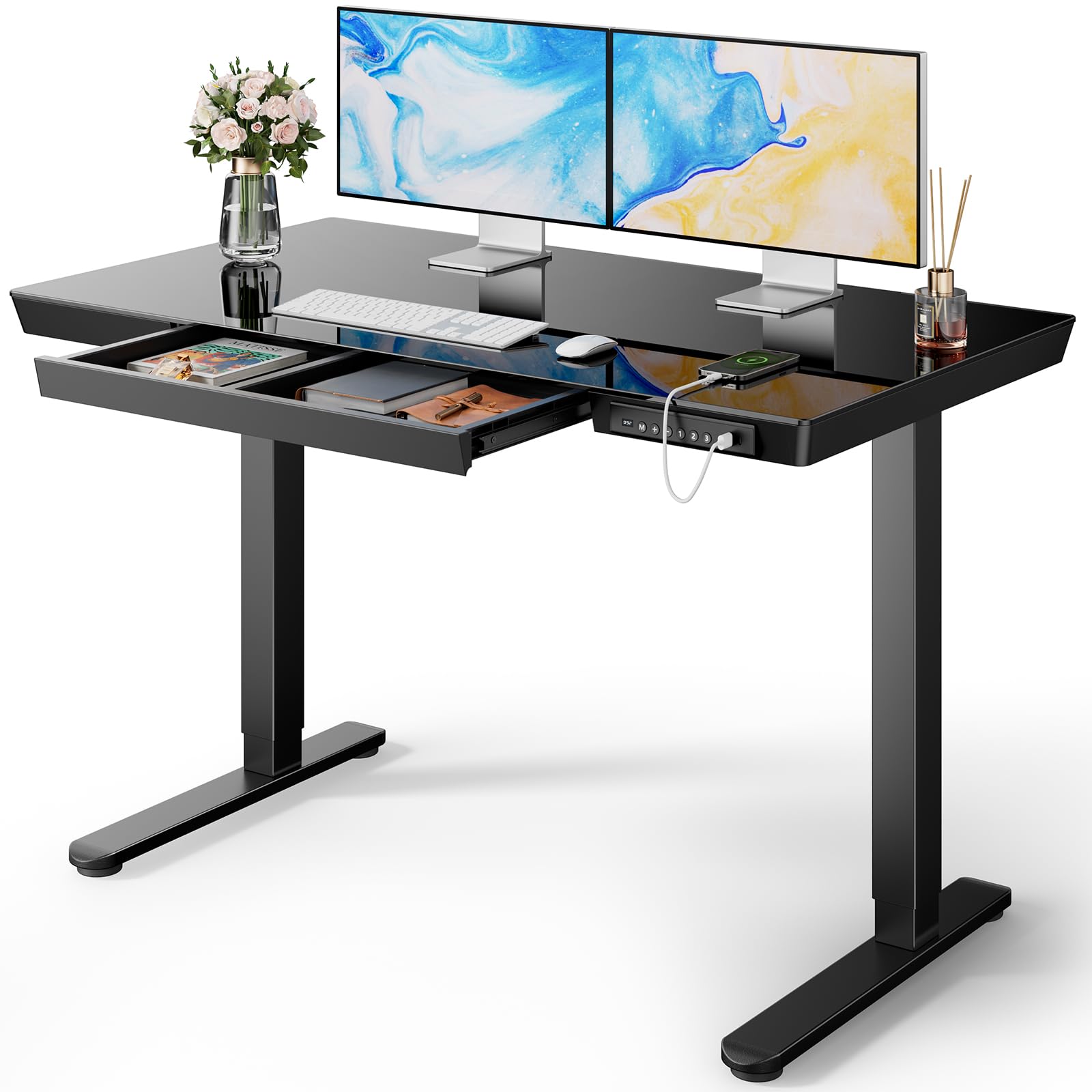 Marsail Glass Standing Desk with Drawer, 48 x 24 inch Electric Standing ...