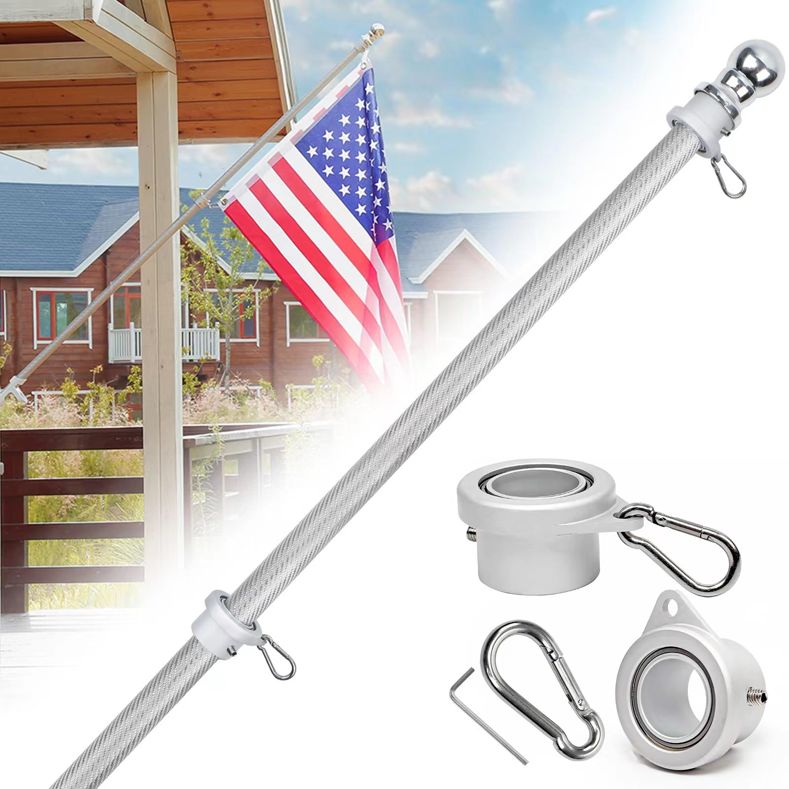 HIBLE 5FT House Flag Pole Silver Carbon Fiber Flagpoles with Bracket ...