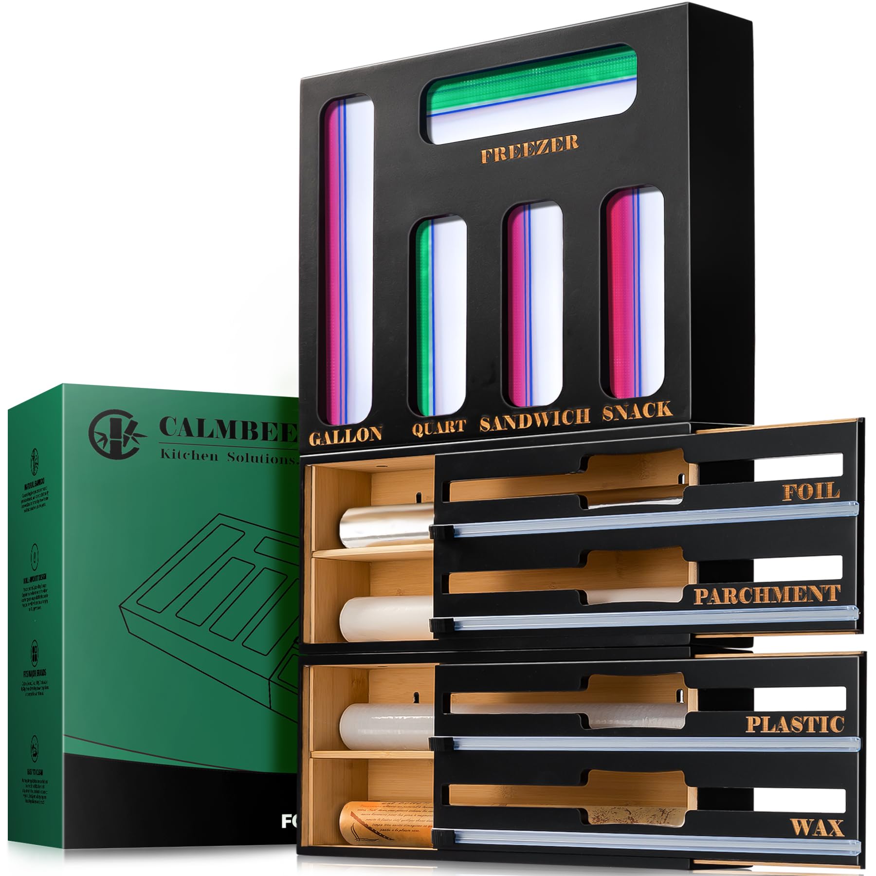 Calmbee Storage Bag Organizer and Wrap Dispenser with Cutter, 9 IN 1 ...