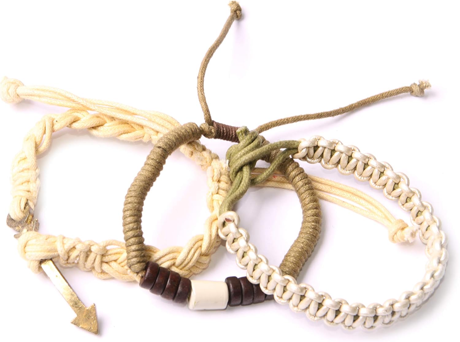 Set of Three Plaited Strings Bracelets Cream&Khaki Colours w Beads ...