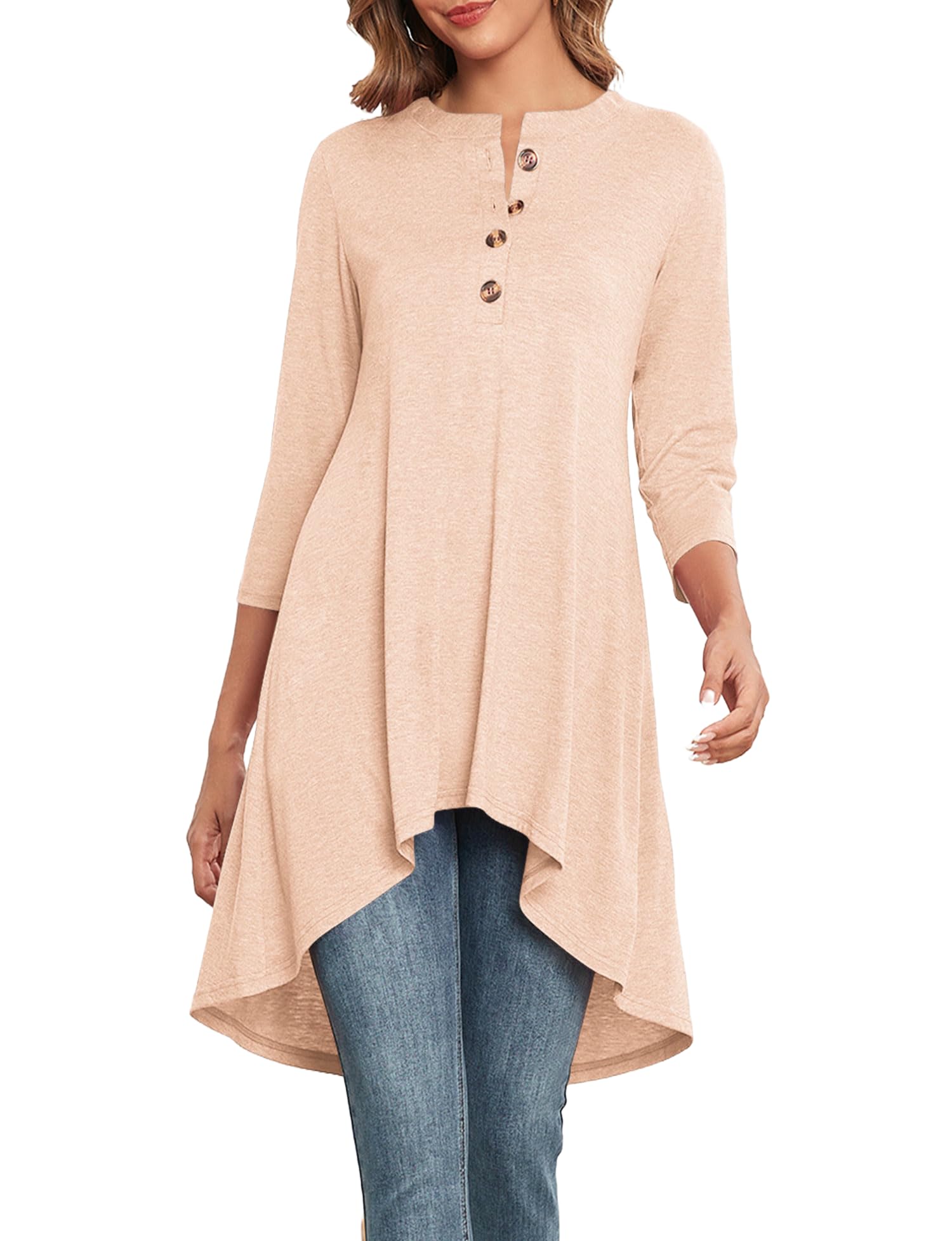 Naggoo 3/4 Length Sleeve Womens Tops Long Flowy High Low Irregular Hem Asymmetrical Tops L Cream ...