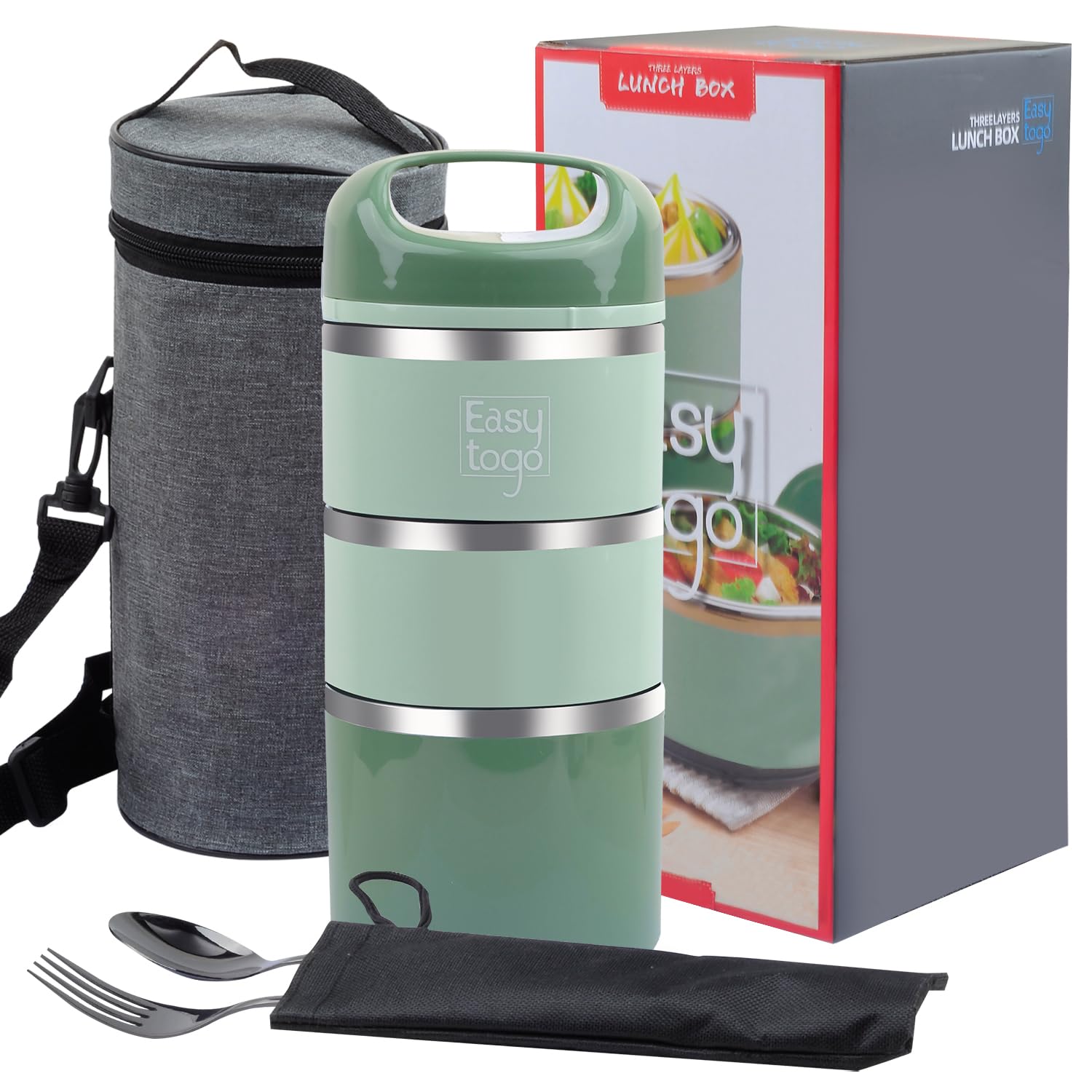 Easy Togo 3 Tier Lunch Box 43Oz-Green Stainless Steel Stackable Lunch ...