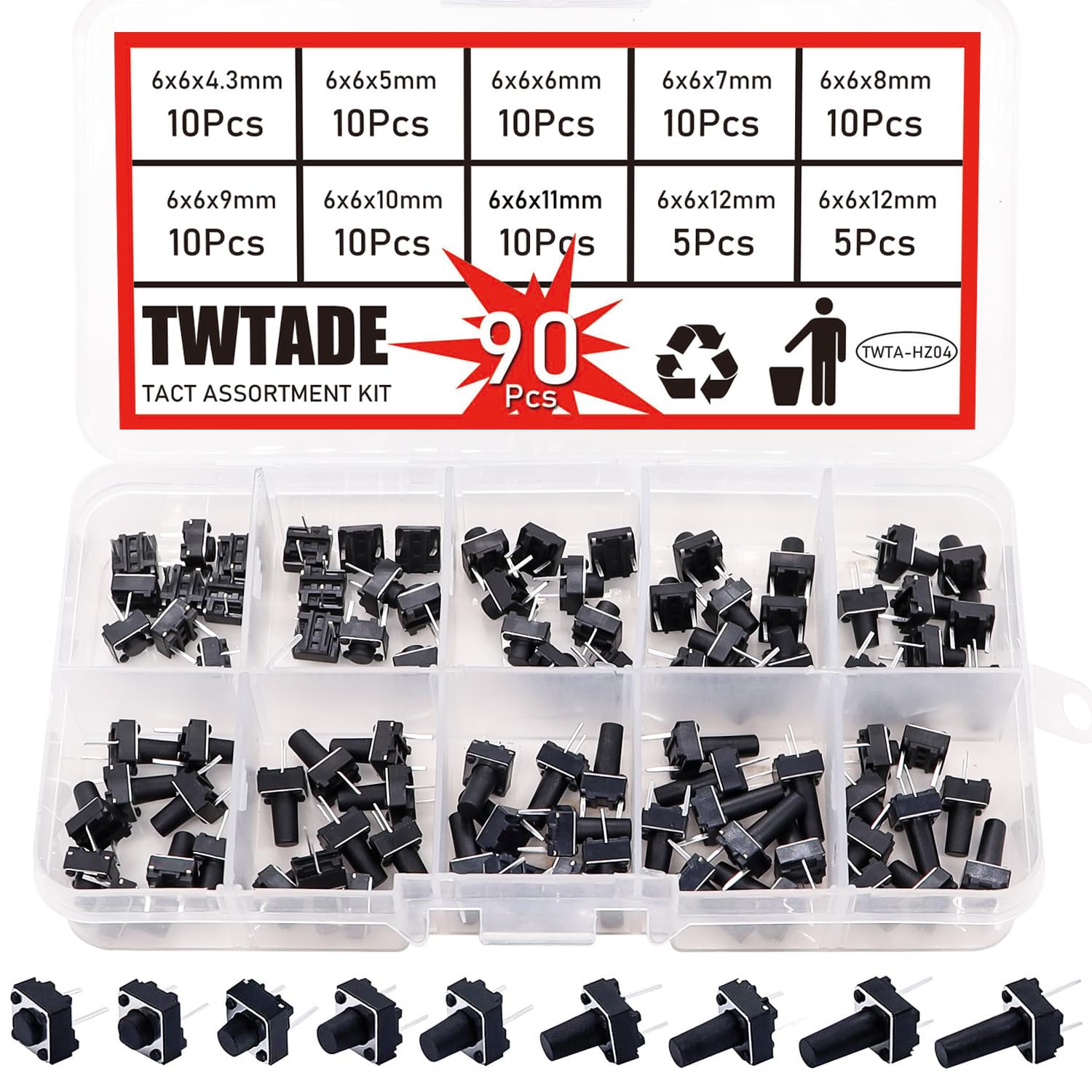 TWTADE 90PCS 2 Pin Tactile Switch Micro Momentary Tact Push Button ...