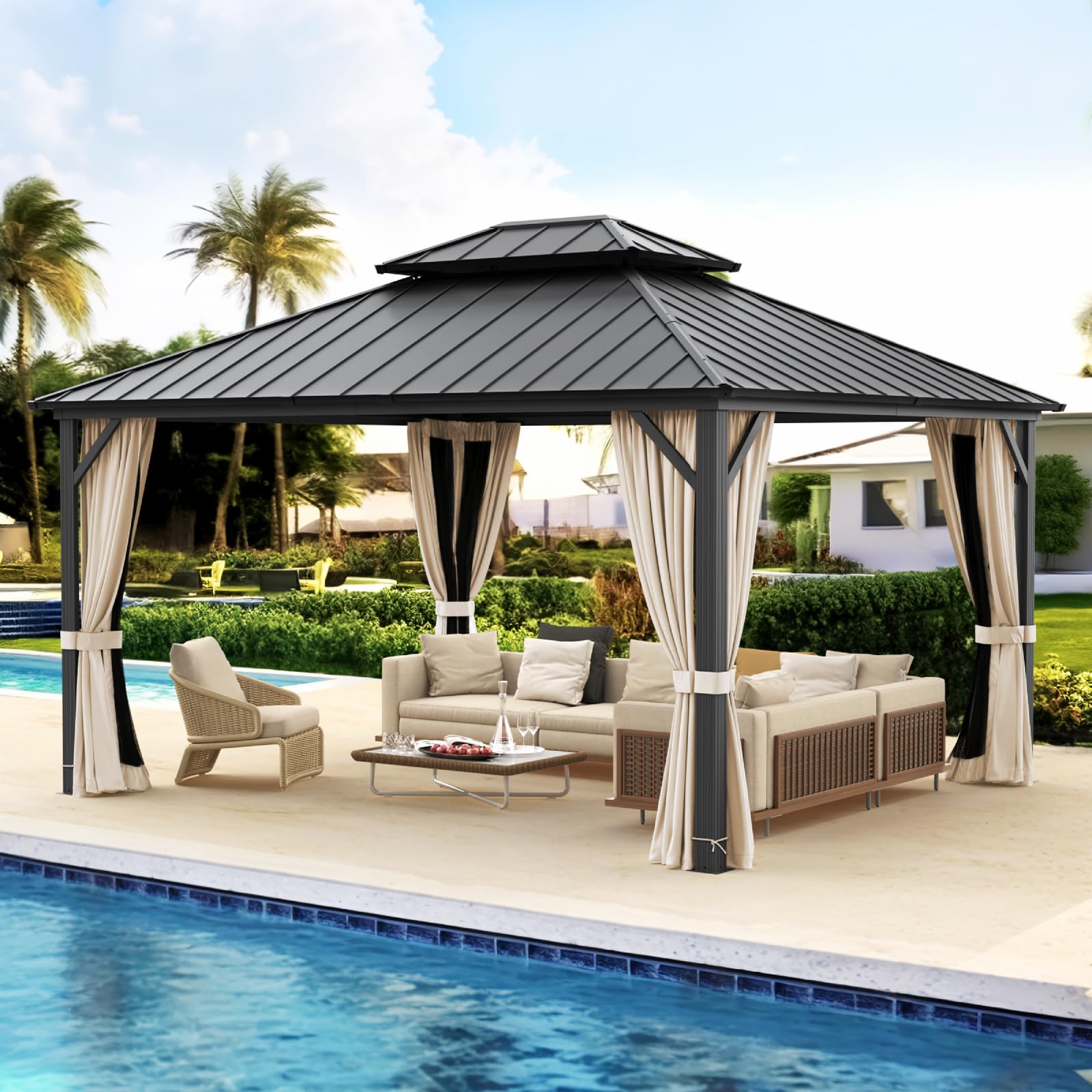 LUE BONA 12'x14' Hardtop Gazebos, Aluminum Frame Permanent Pavilion ...