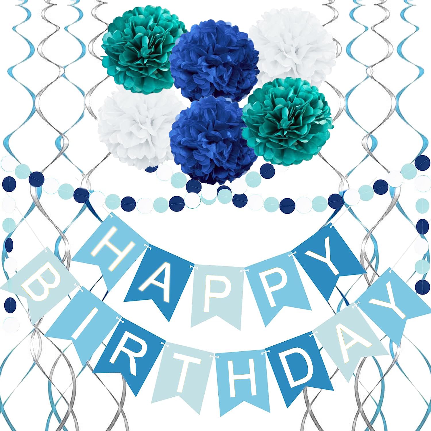 Blue Birthday Decorations, Happy Birthday Banner with Pom Poms Paper ...