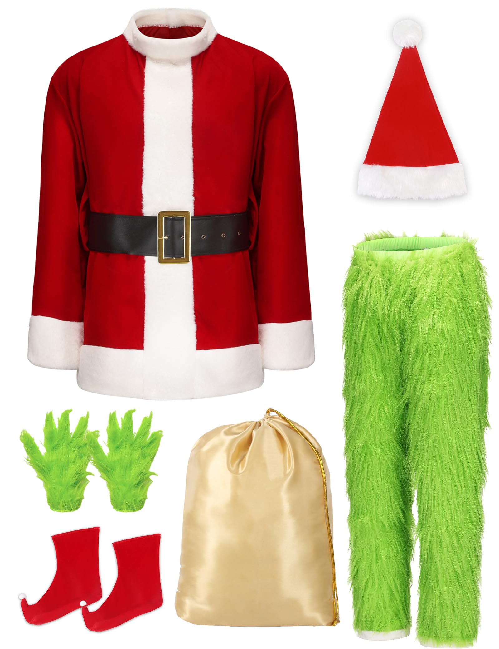 WHOBUY Christmas Costume for Men Adult Green Furry Monster Santa Suit 8 ...