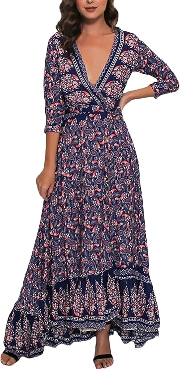 Damen Maxikleider Herbst Boho Partykleider Gedruckt Gemustert Langarm ...