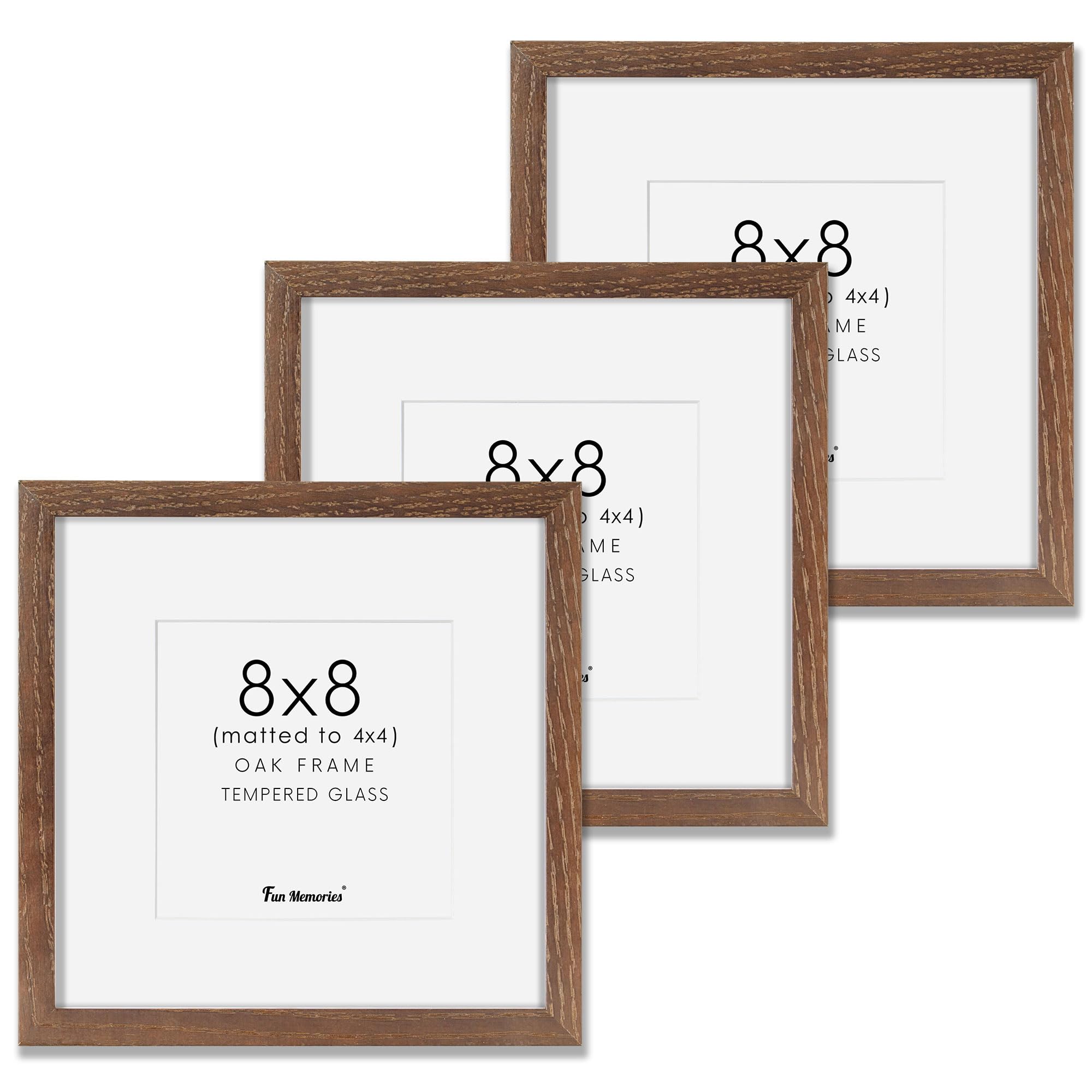 8x8 Picture Frames Set of 3, Solid Oak Wood 8”x8” Picture Frame Matted ...