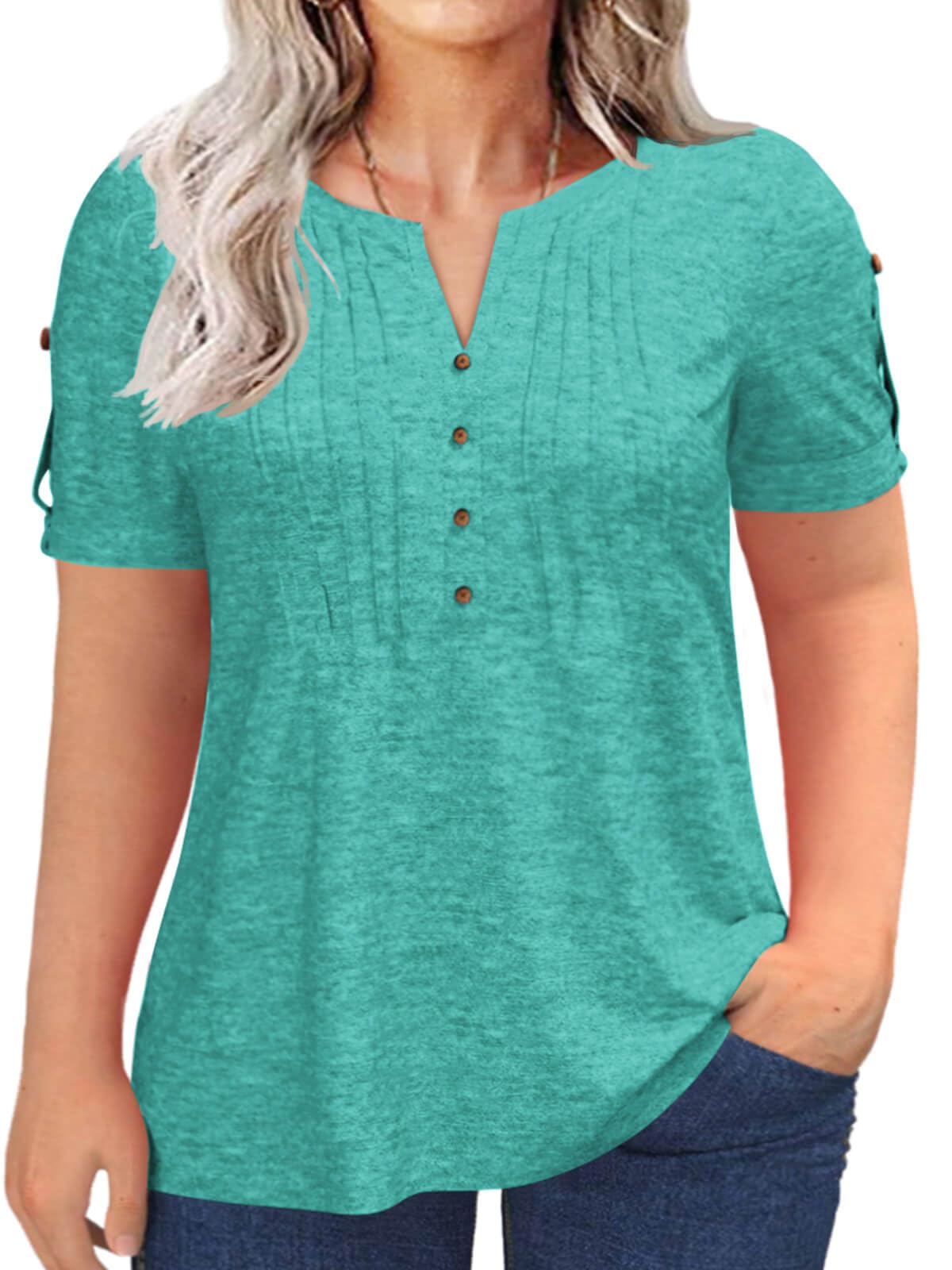Imily Bela Womens Plus Size Tops Pleated Button Short Sleeve V Neck ...
