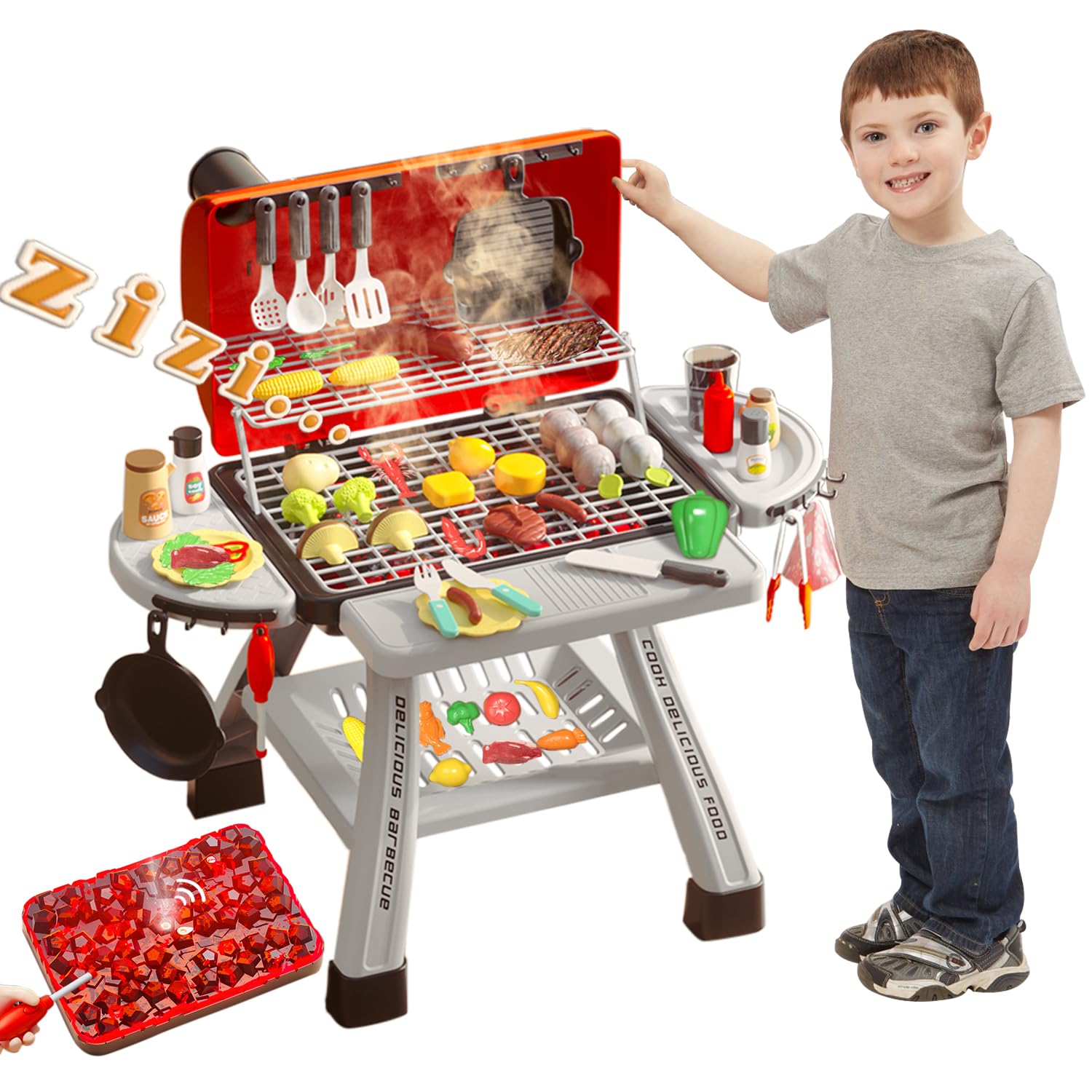 Barbecue Grill Toy Set, Kids BBQ Kitchen Playset with Smoke Sound Light ...