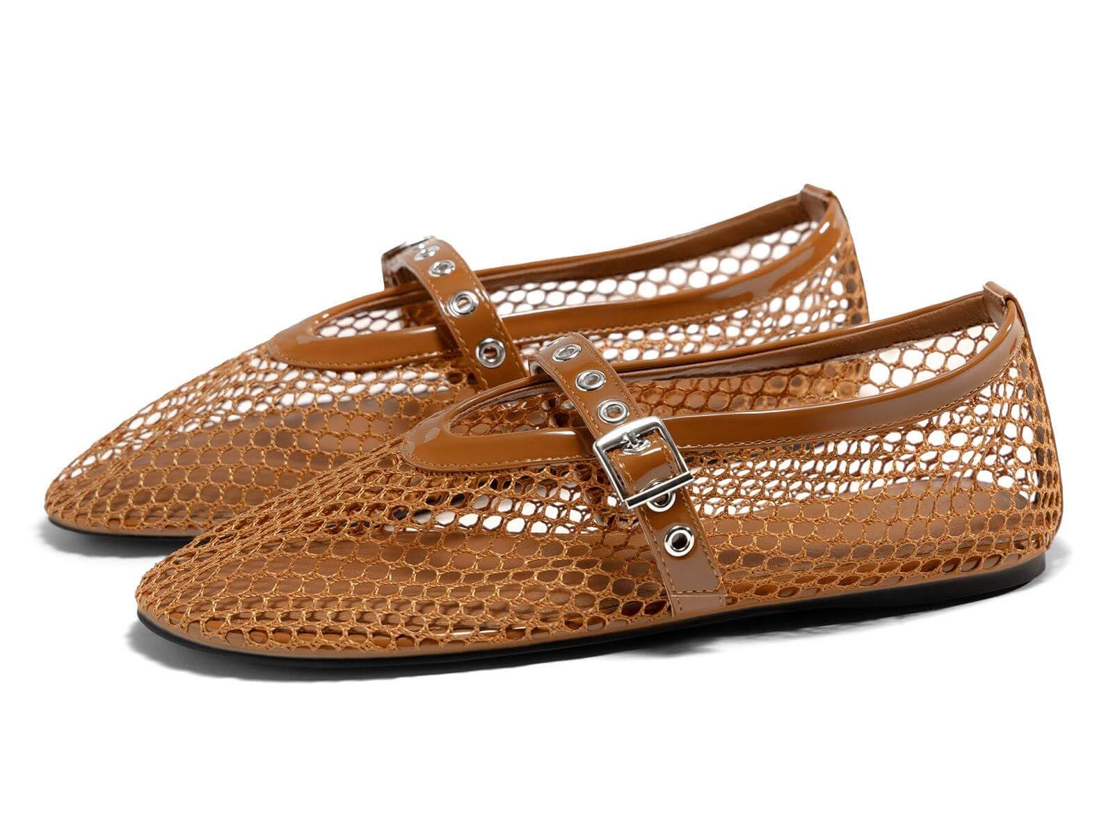 Coutgo Womens Mesh Ballet Flats Mary Jane Fishnet Ballerina Buckle ...