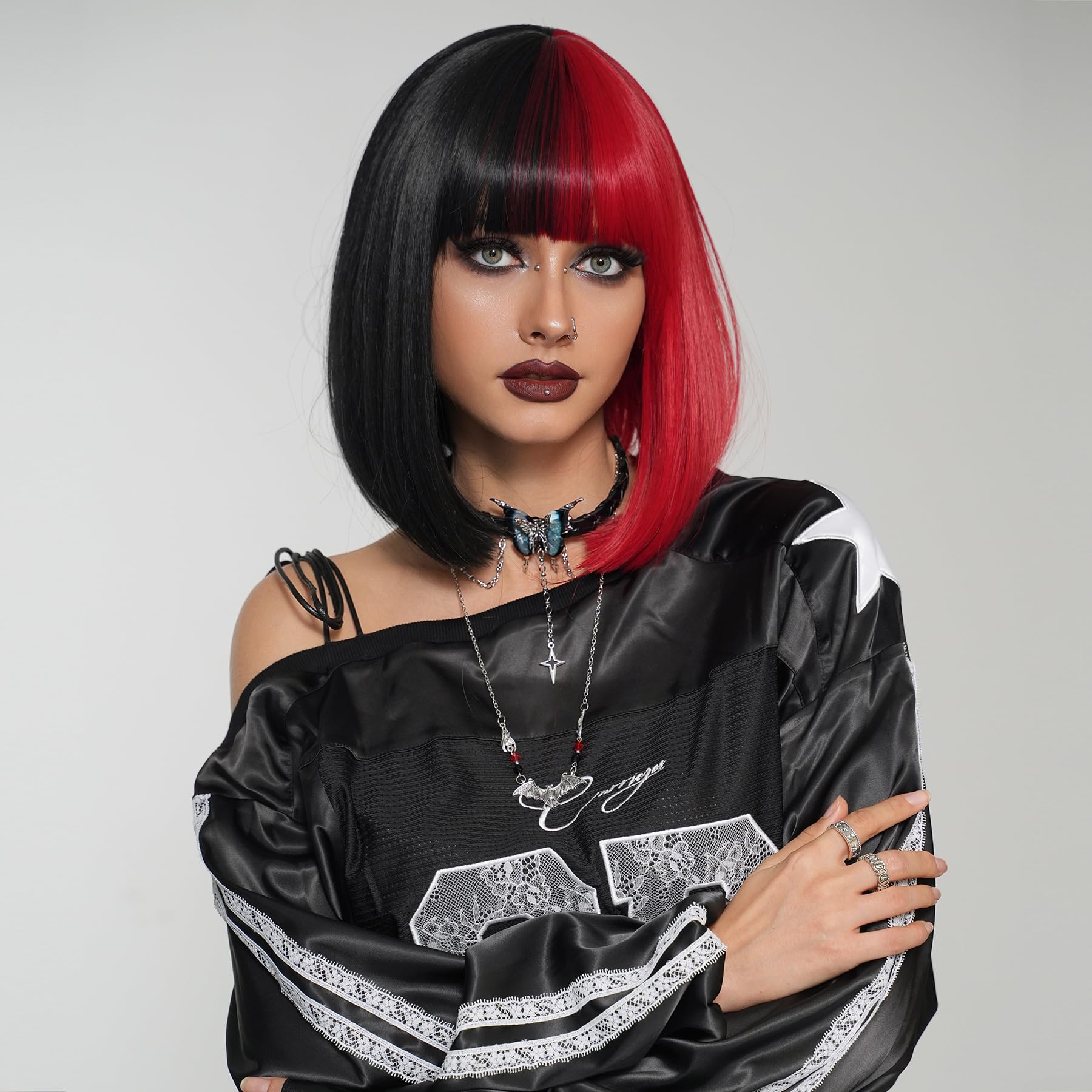 PARK YUN Half Red Half Black Wigs with Bangs 14 Inch Short Straight Bob ...