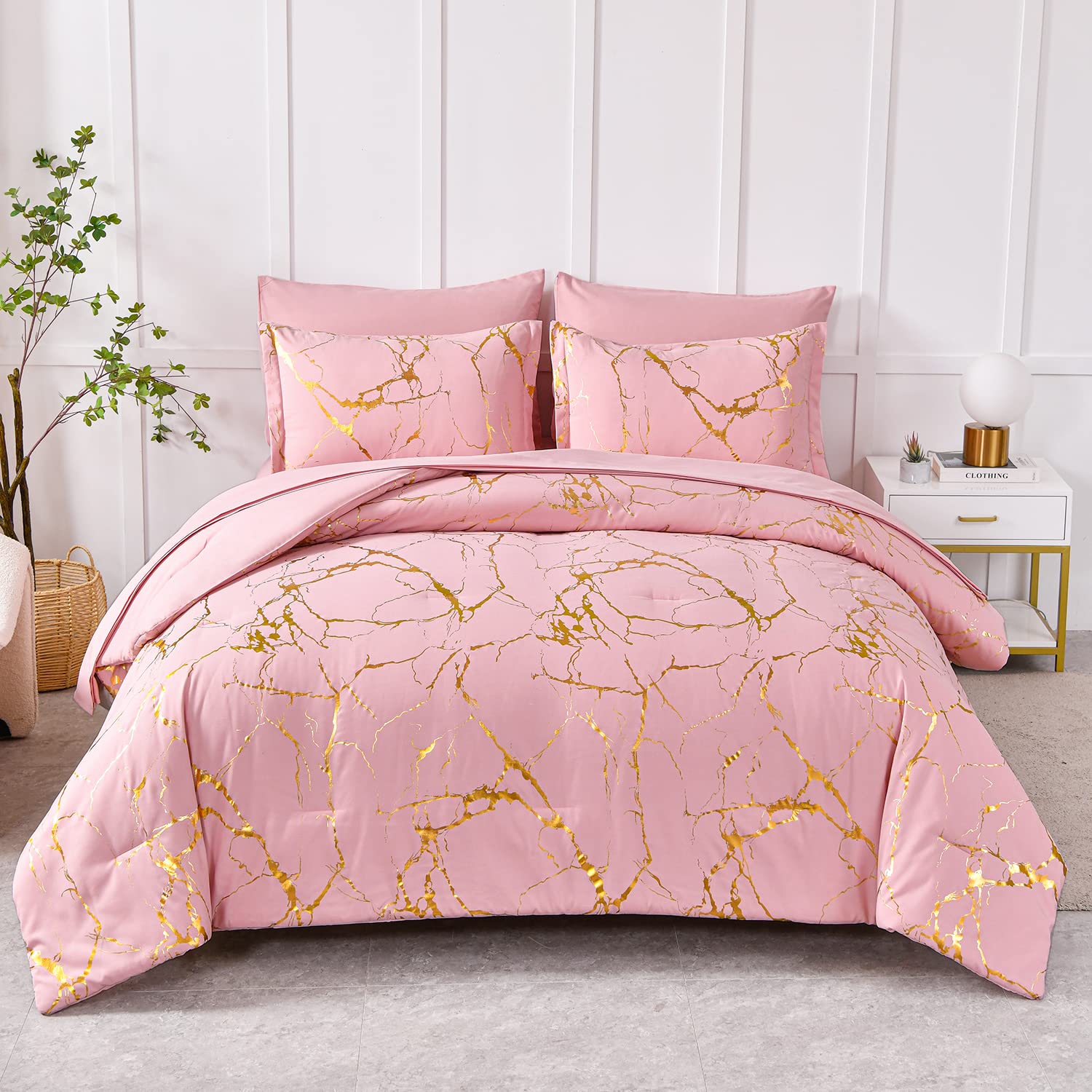 Yogeneg Gold Metallic Marble Comforter Set Queen Size,7 Piece Bed in a ...