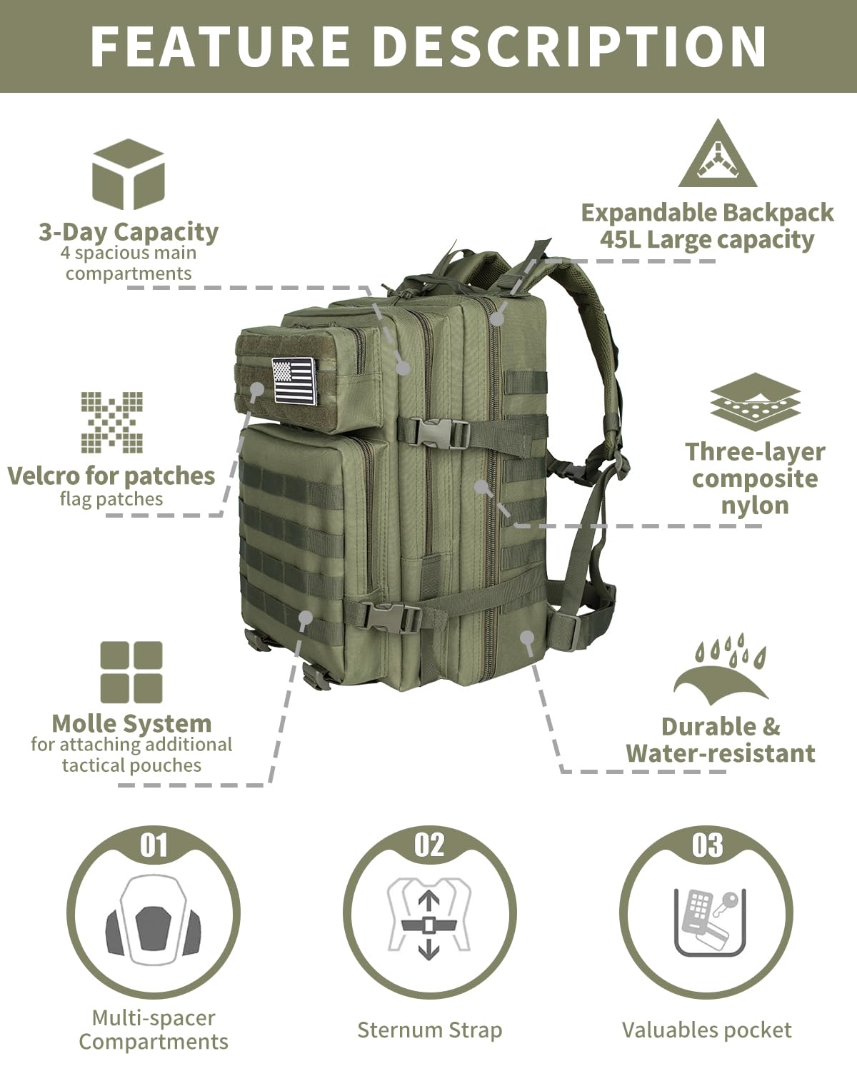 LAZLTOU 45L Military Tactical Backpack For Men Large Army 3 Day Molle ...