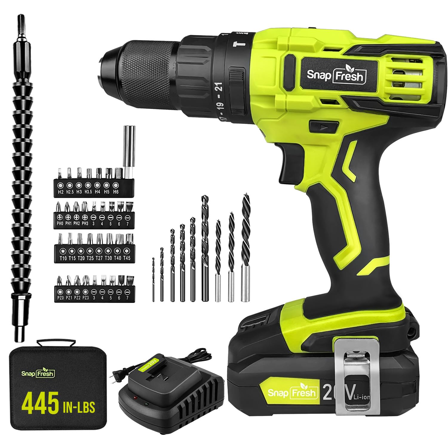 SnapFresh 20V Cordless Impact Drill-1/2" Power Drill/Driver Set,445in ...
