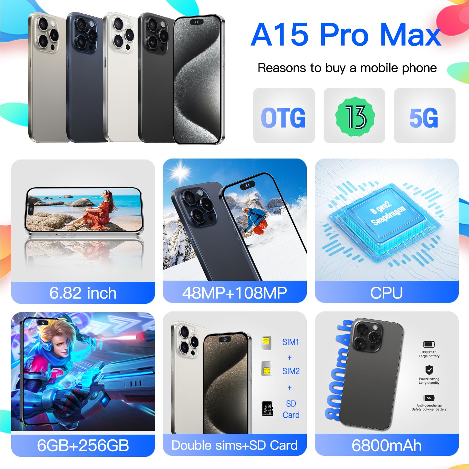 SANSHREUNI A15 Pro Max Unlocked Phones, 5G Smartphone with OTG Function ...