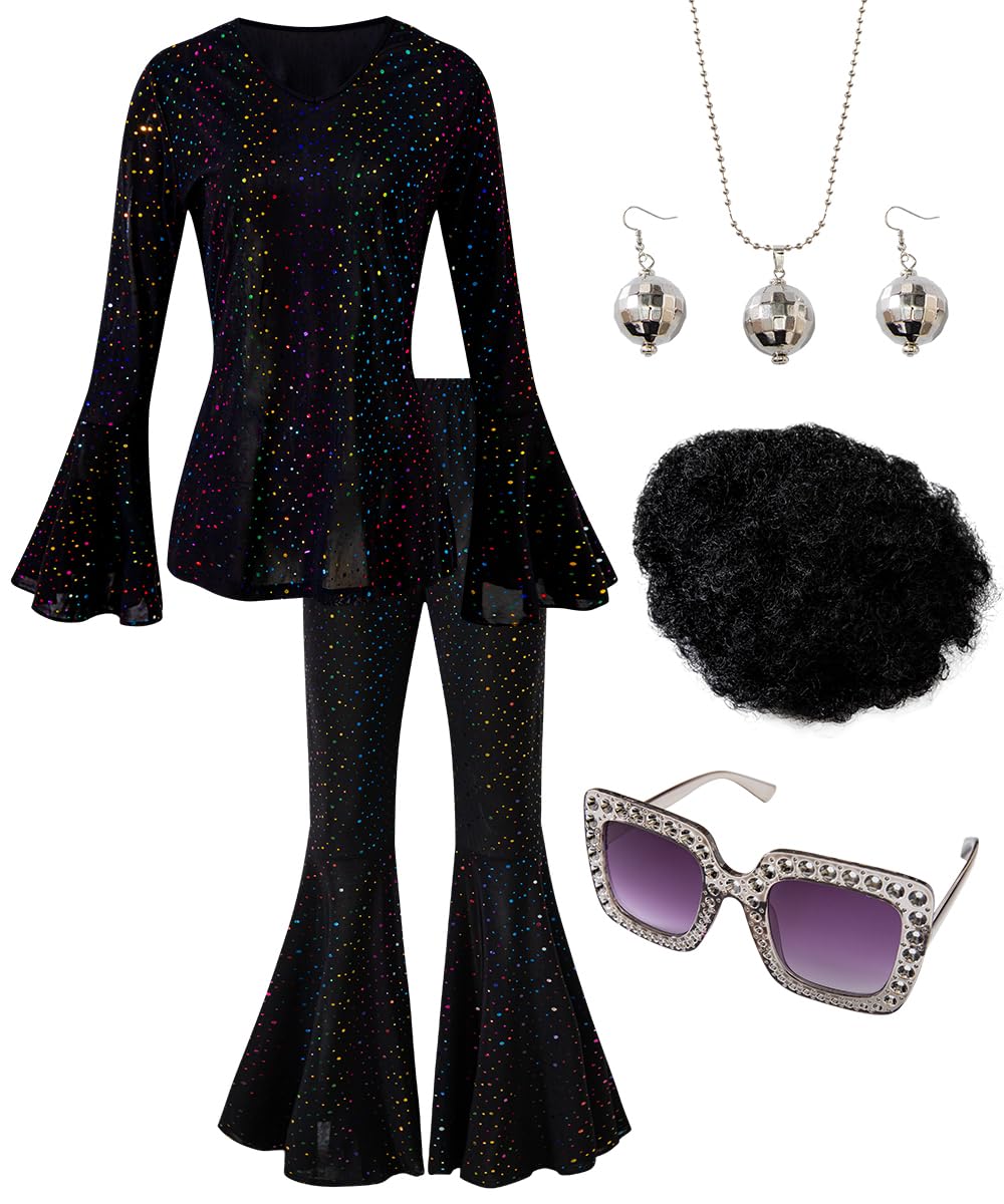 IWALUE Women 70s Disco Costume Top Pants Party with Wig Sunglasses Ball ...