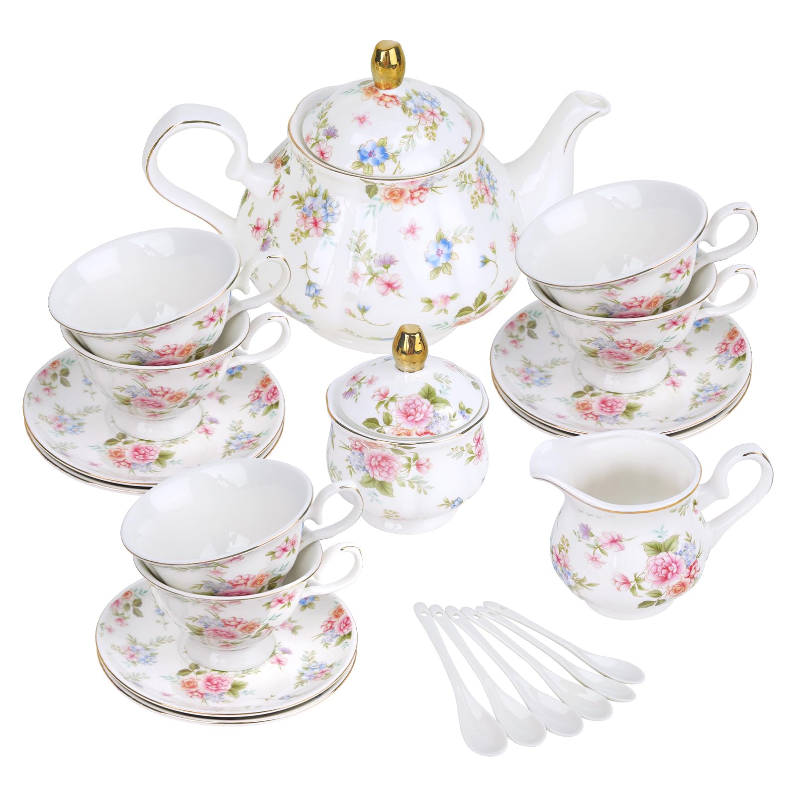 fanquare 21 Pieces Pink Blue Floral Porcelain Tea Set with Gold Trim ...