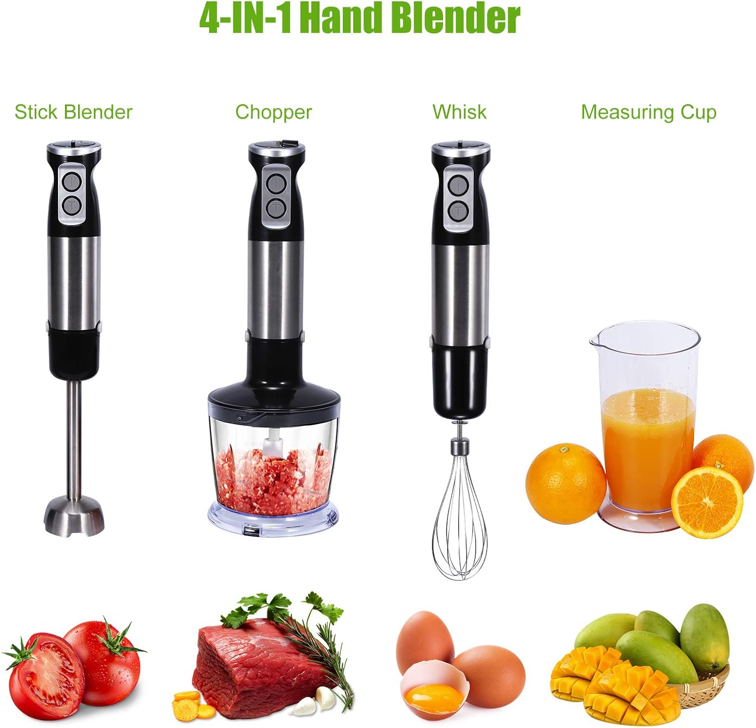 Hand Blender, 4 in 1 Food Processor with Stick Blender 600W, Vegetable ...