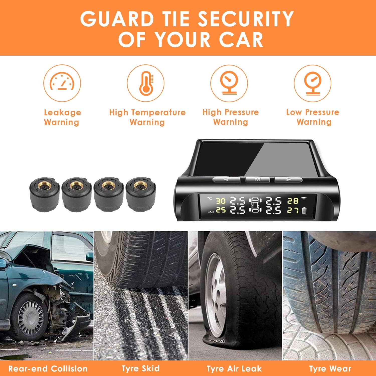 KIZOKU Solar Power Tire Pressure Monitoring System Wireless TPMS Monitor with 4 External Cap ...