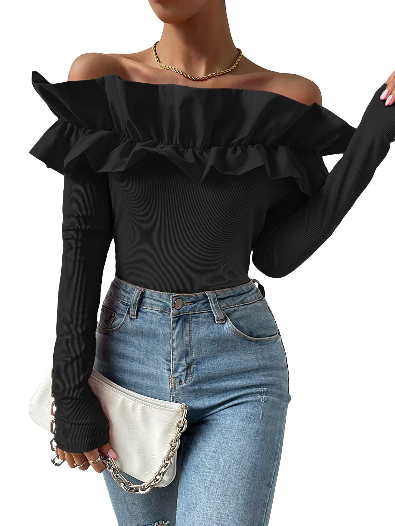 OYOANGLE Women's Long Sleeve Rib Knit Ruffle Off Shoulder Blouse Party ...