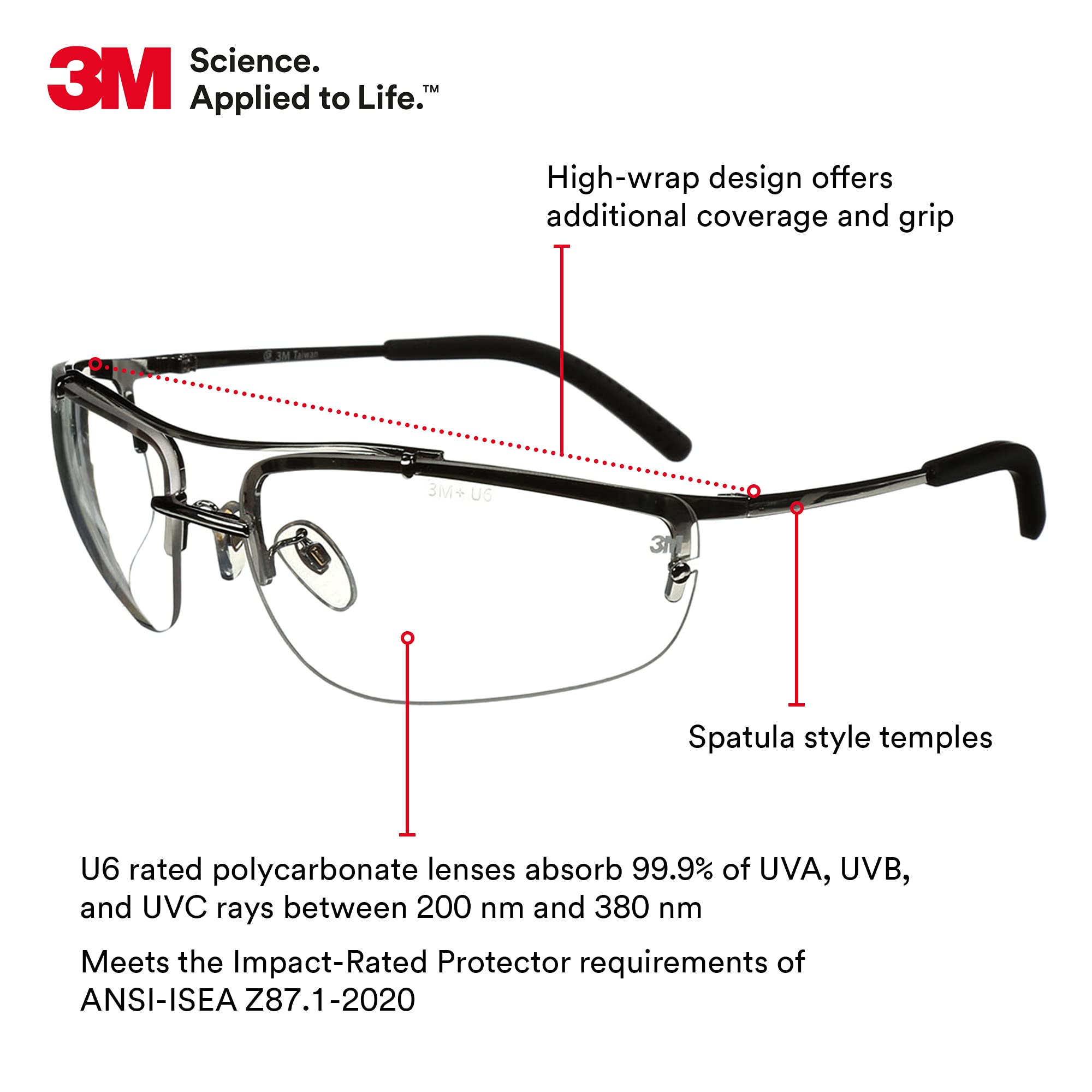 3M Safety Glasses, Metaliks, ANSI Z87, Anti-Fog, Clear Lens, Polished ...