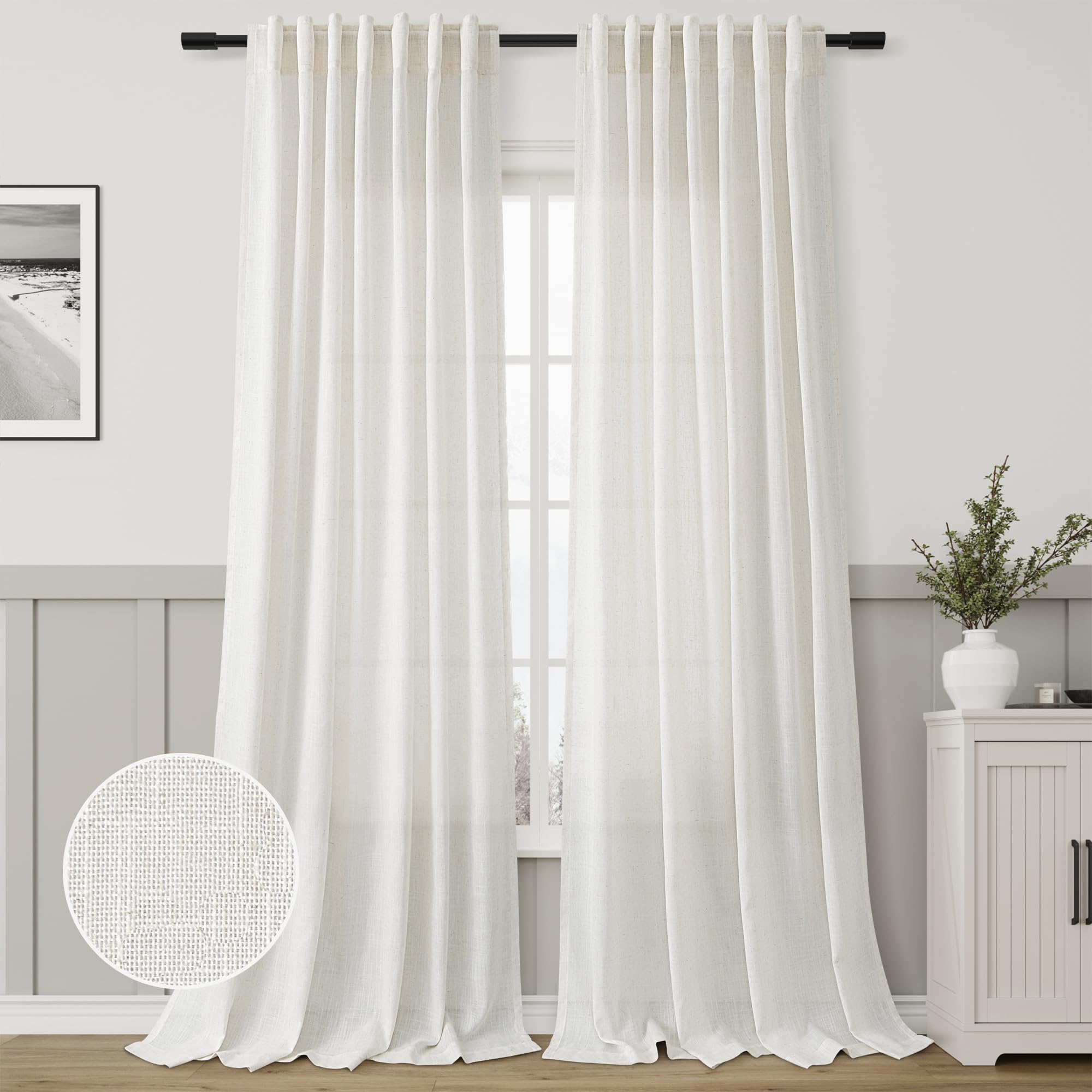 Natural Semi Sheer Linen Curtains 102 Inch Long Back Tab Loop Pocket ...